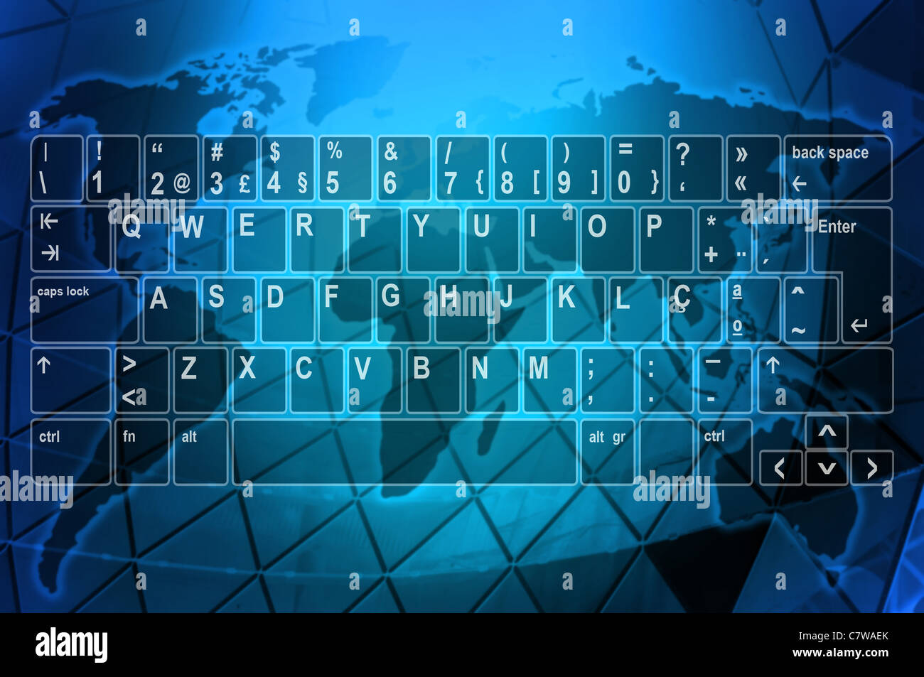 Illustration of a computer keyboard over a world map Stock Photo - Alamy