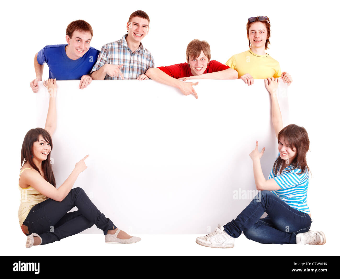 Group of happy people taking banner Stock Photo - Alamy