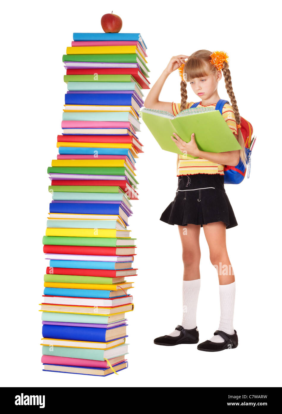 Girl with stack color book Stock Photo - Alamy