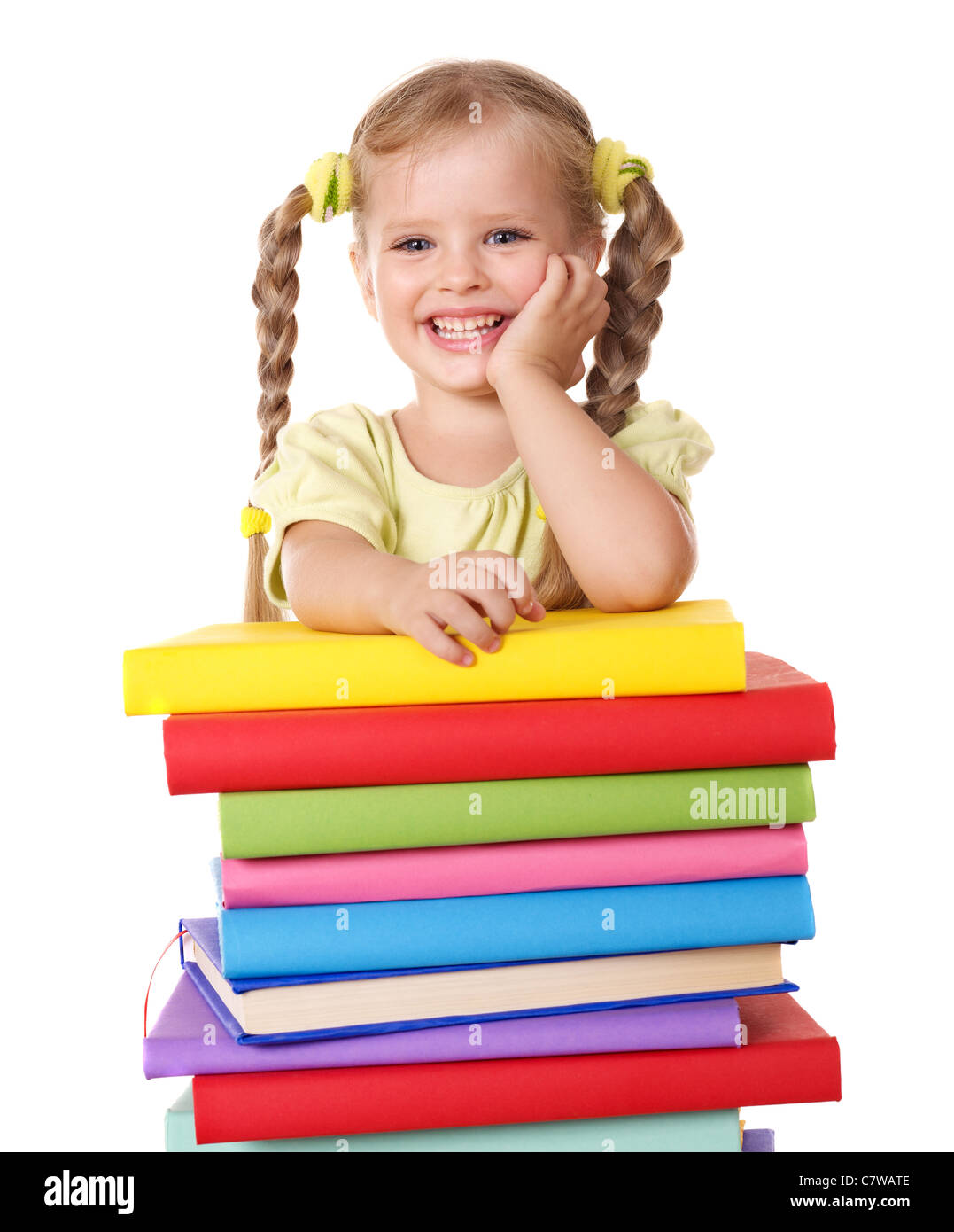 Girl with stack color book Stock Photo - Alamy