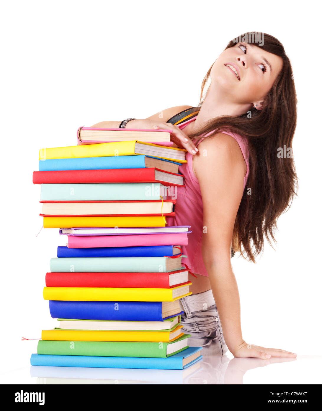 Girl with stack color book Stock Photo - Alamy