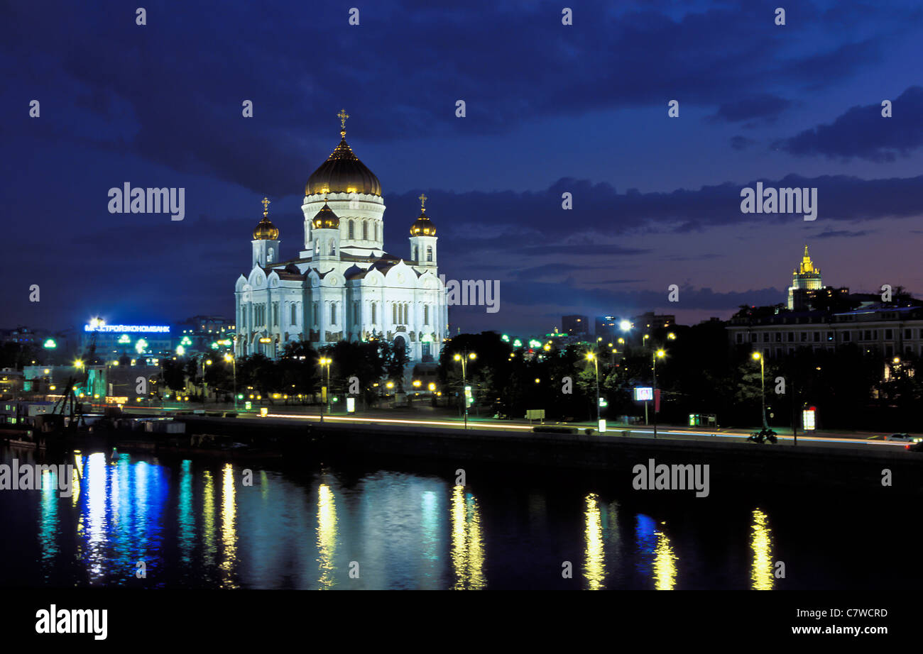 Orthodox temple of the Christ Savior in evening illumination, city of ...