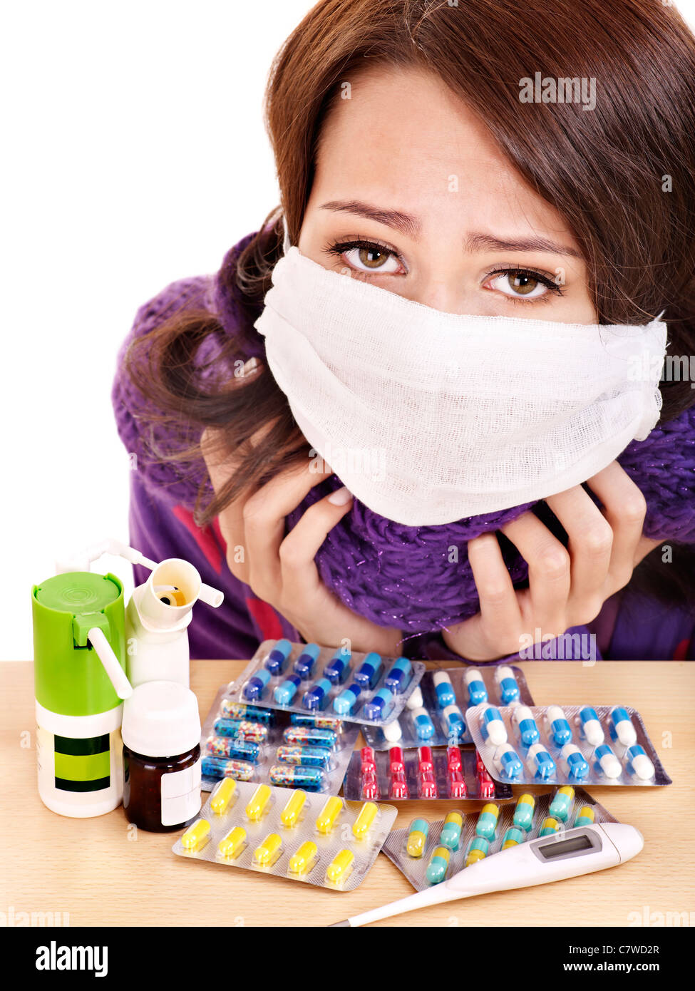 Young woman having flu takes pills Stock Photo - Alamy