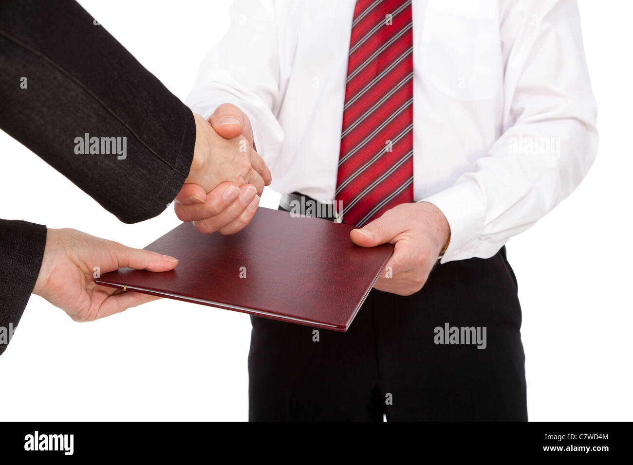 man passes document of second person on white background Stock Photo ...