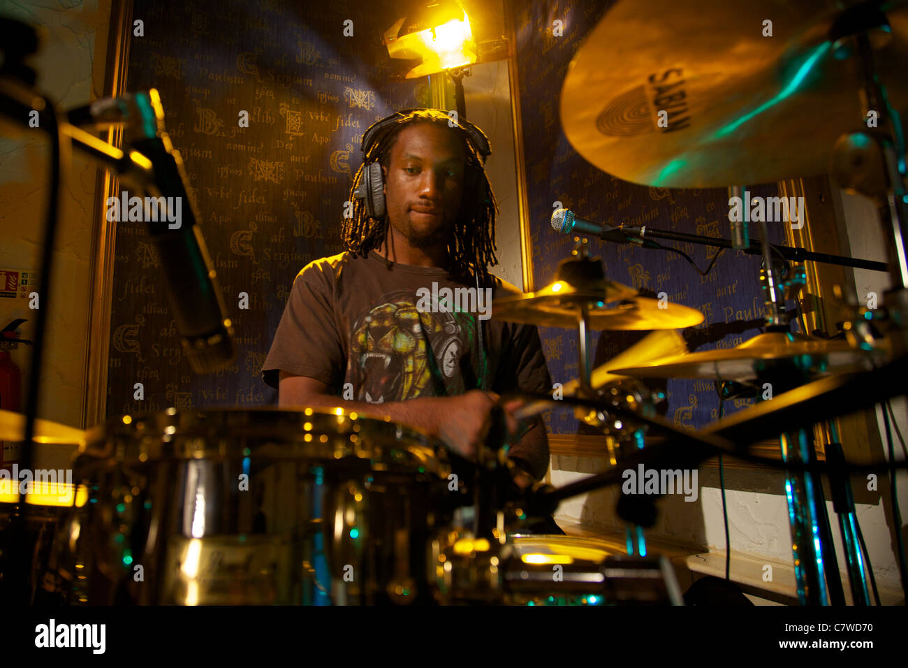 Gareth Brown, session drummer, playing at a recording studio, Sheffield ...