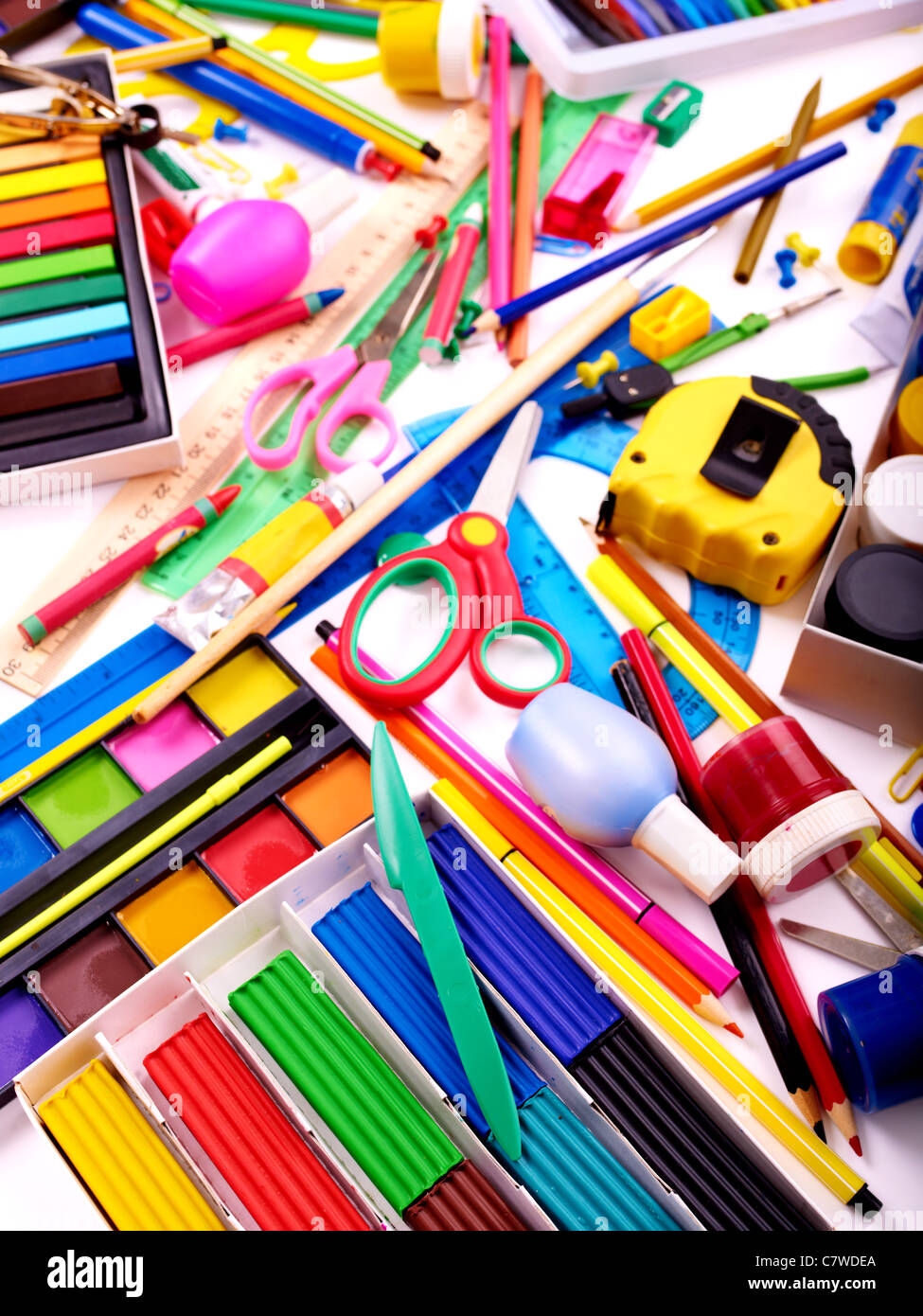 Background of group art school utensils Stock Photo - Alamy