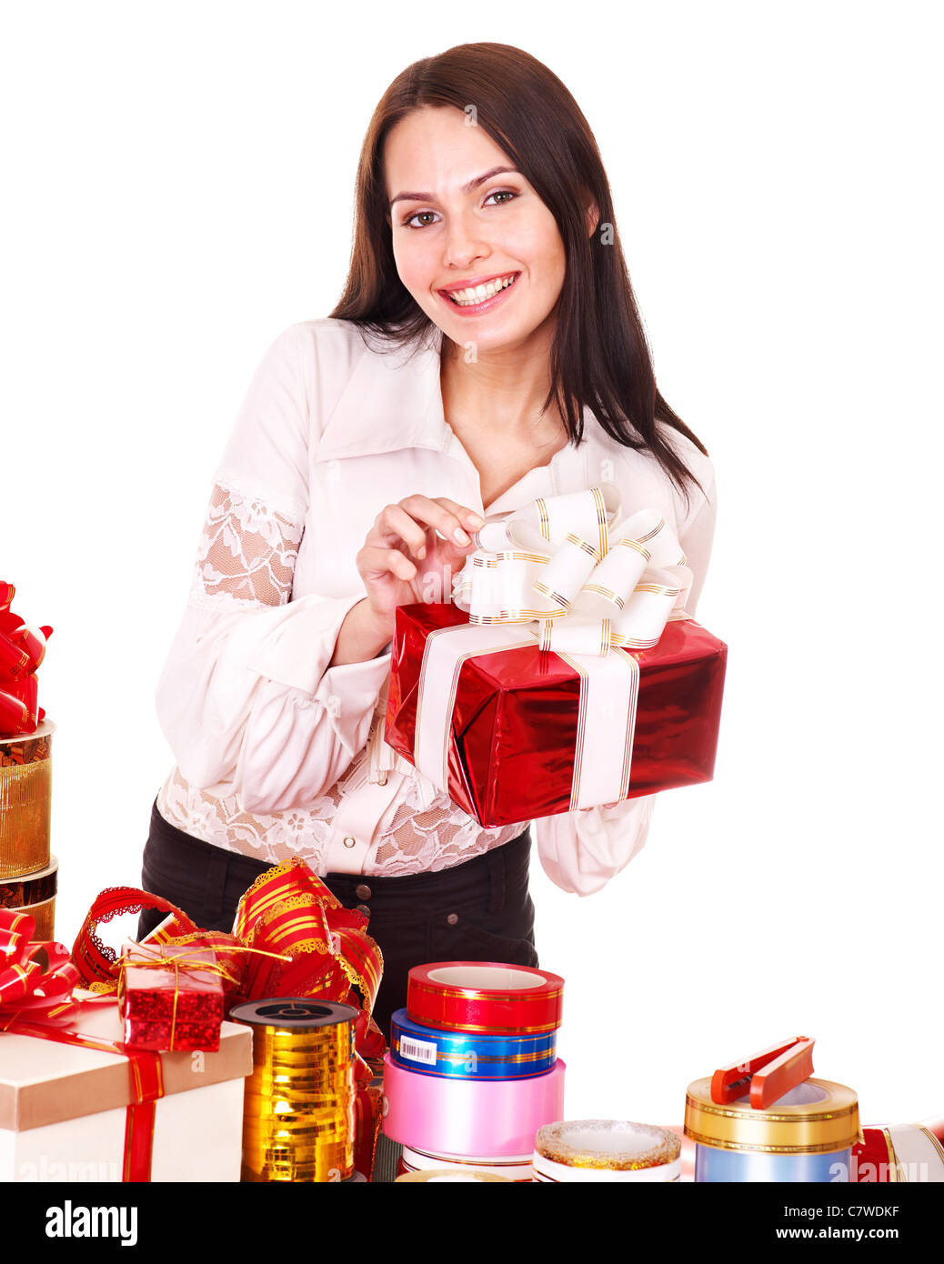Girl with group of color gift box Stock Photo - Alamy
