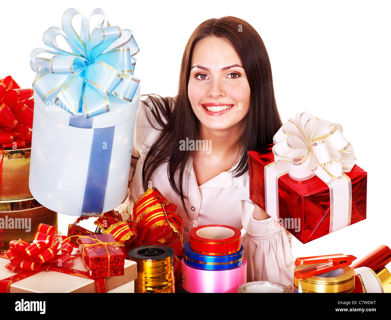 Girl with group of color gift box Stock Photo - Alamy