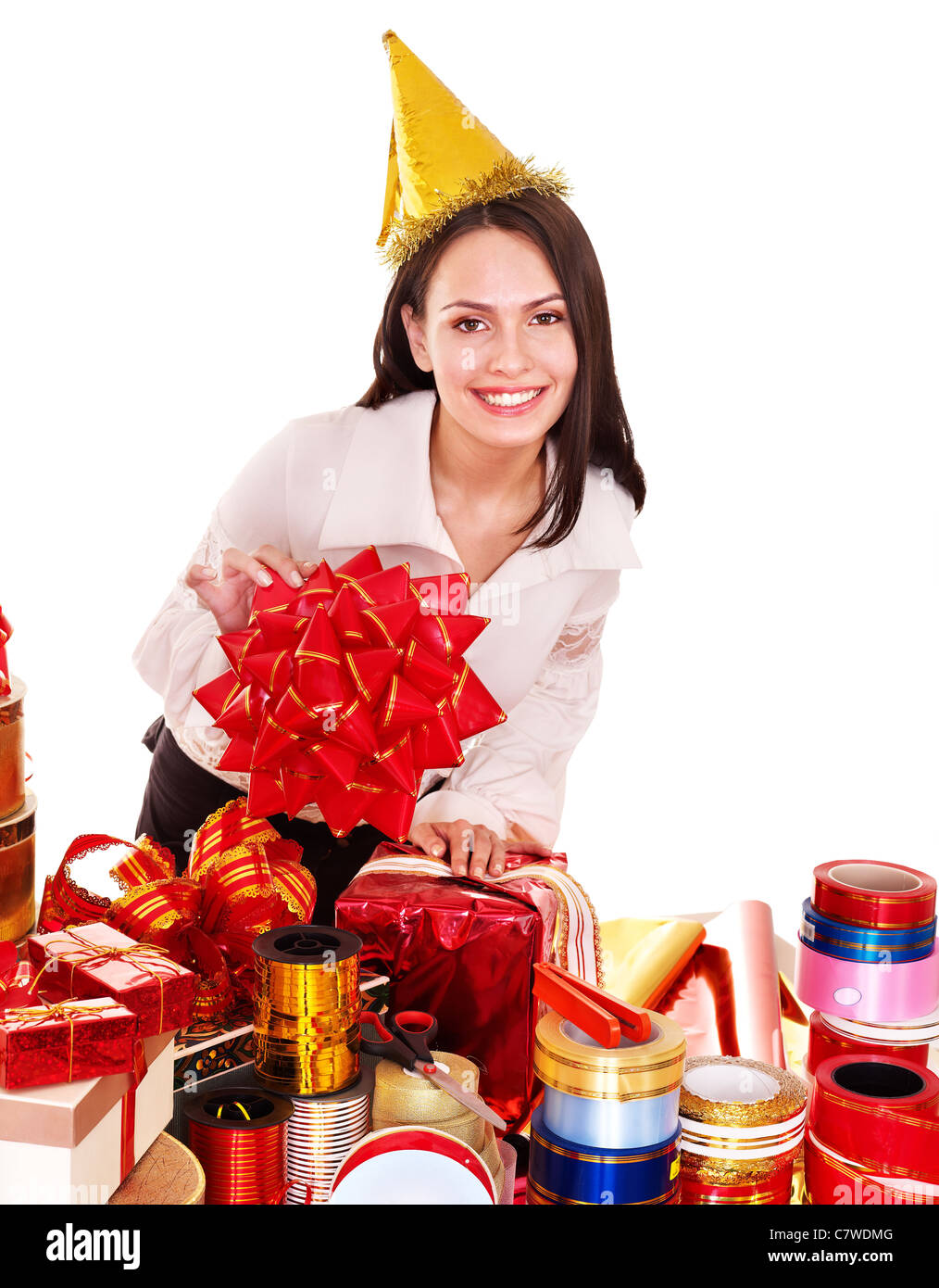 Girl with group of color gift box Stock Photo - Alamy