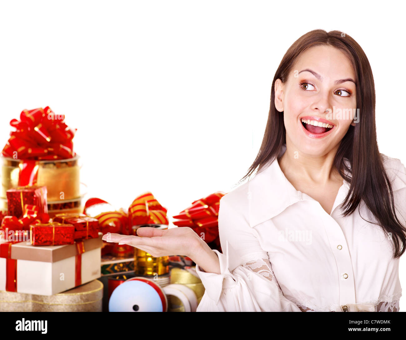 Girl with group of color gift box Stock Photo - Alamy