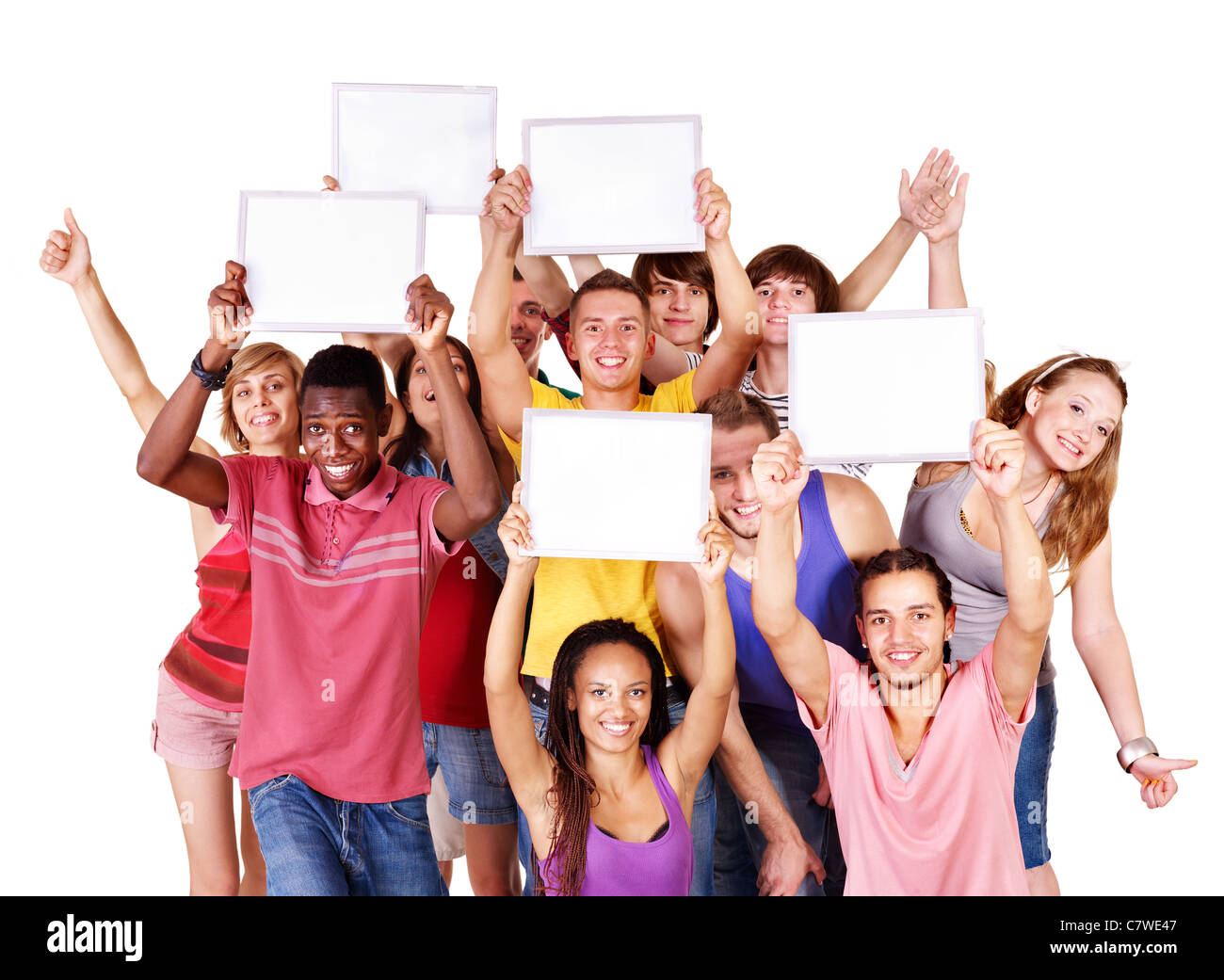 Group people with banner Stock Photo - Alamy