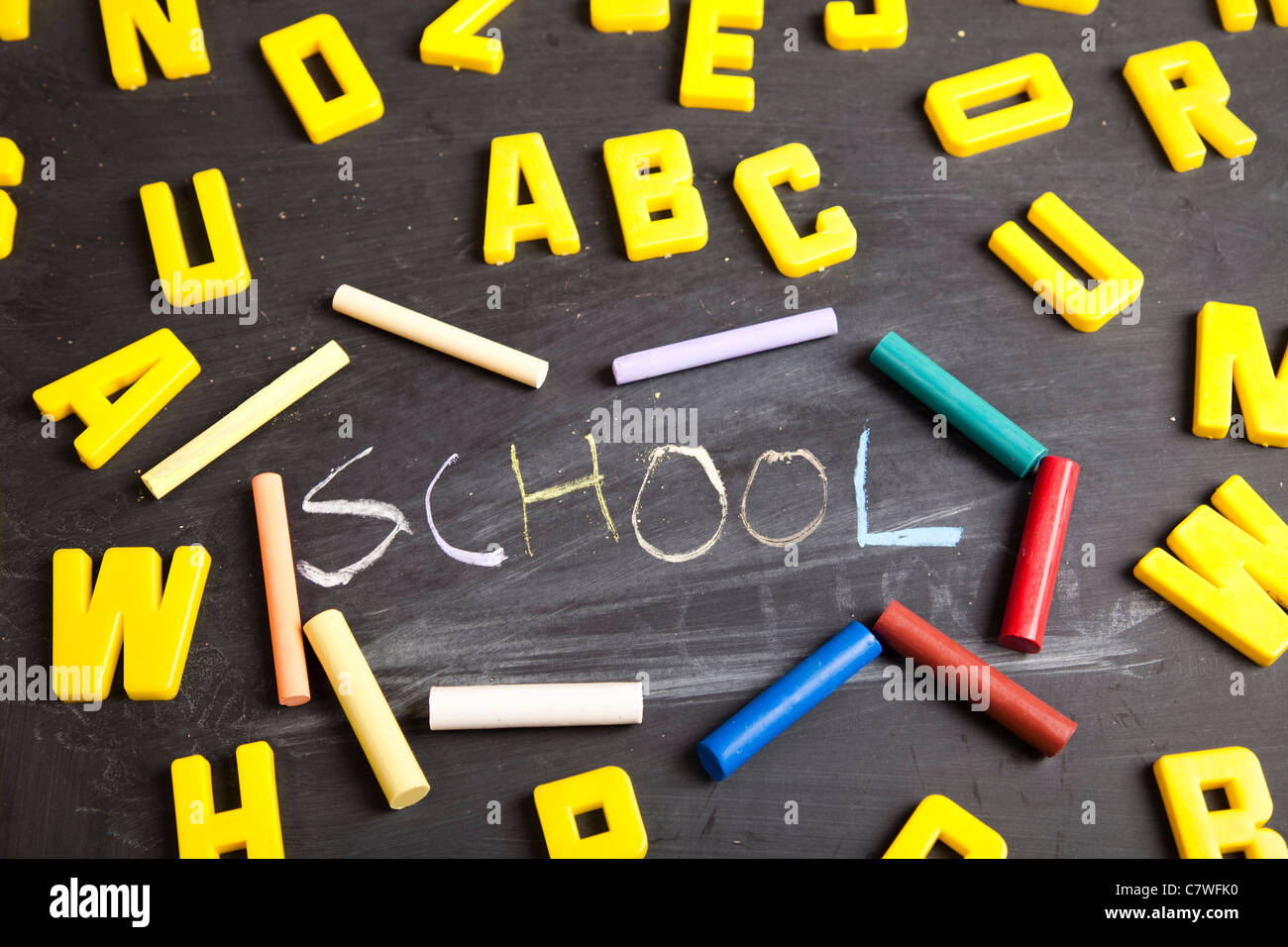 Alphabet and letters on a school blackboard Stock Photo - Alamy