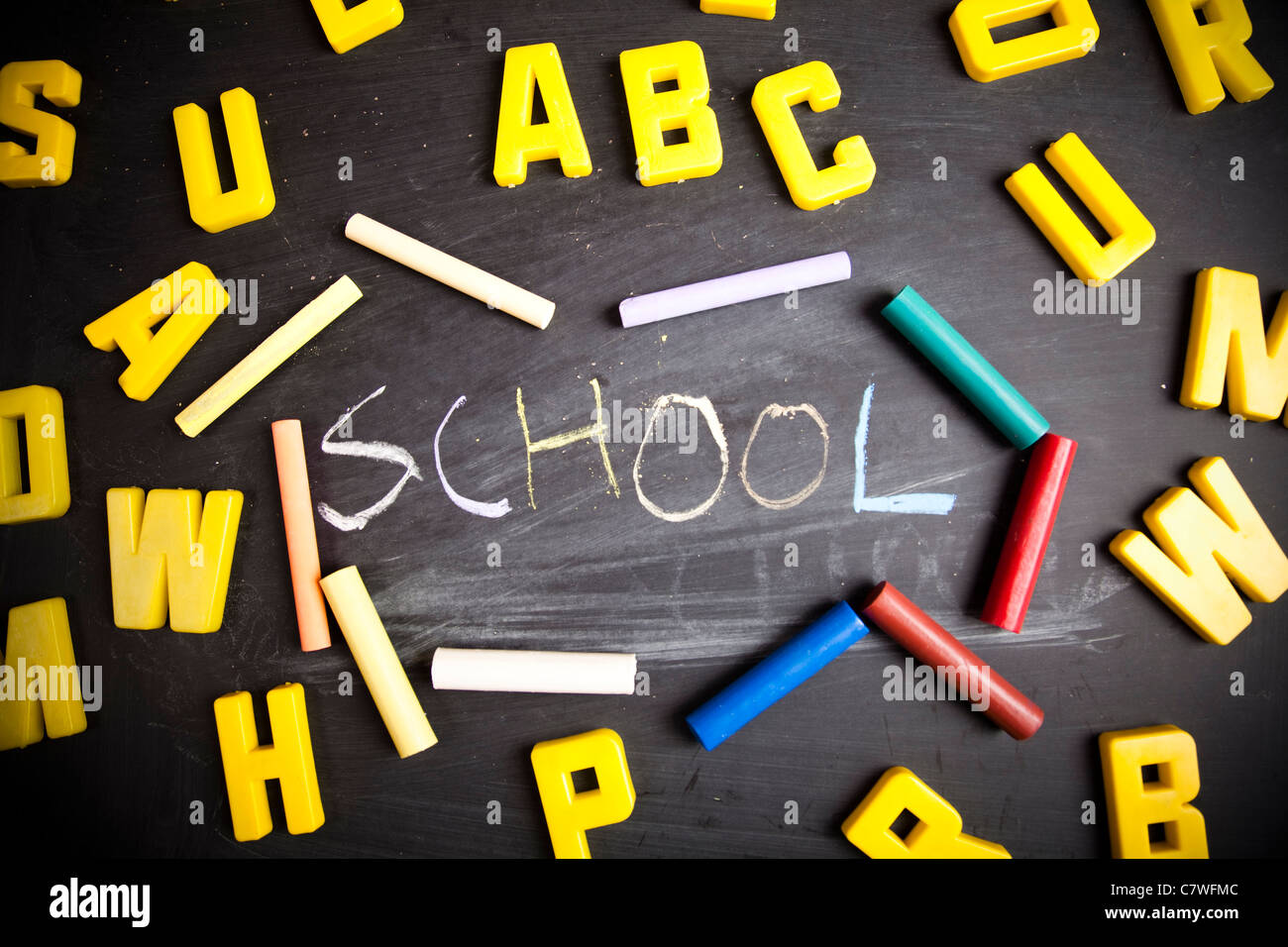 Alphabet and letters on a school blackboard Stock Photo - Alamy