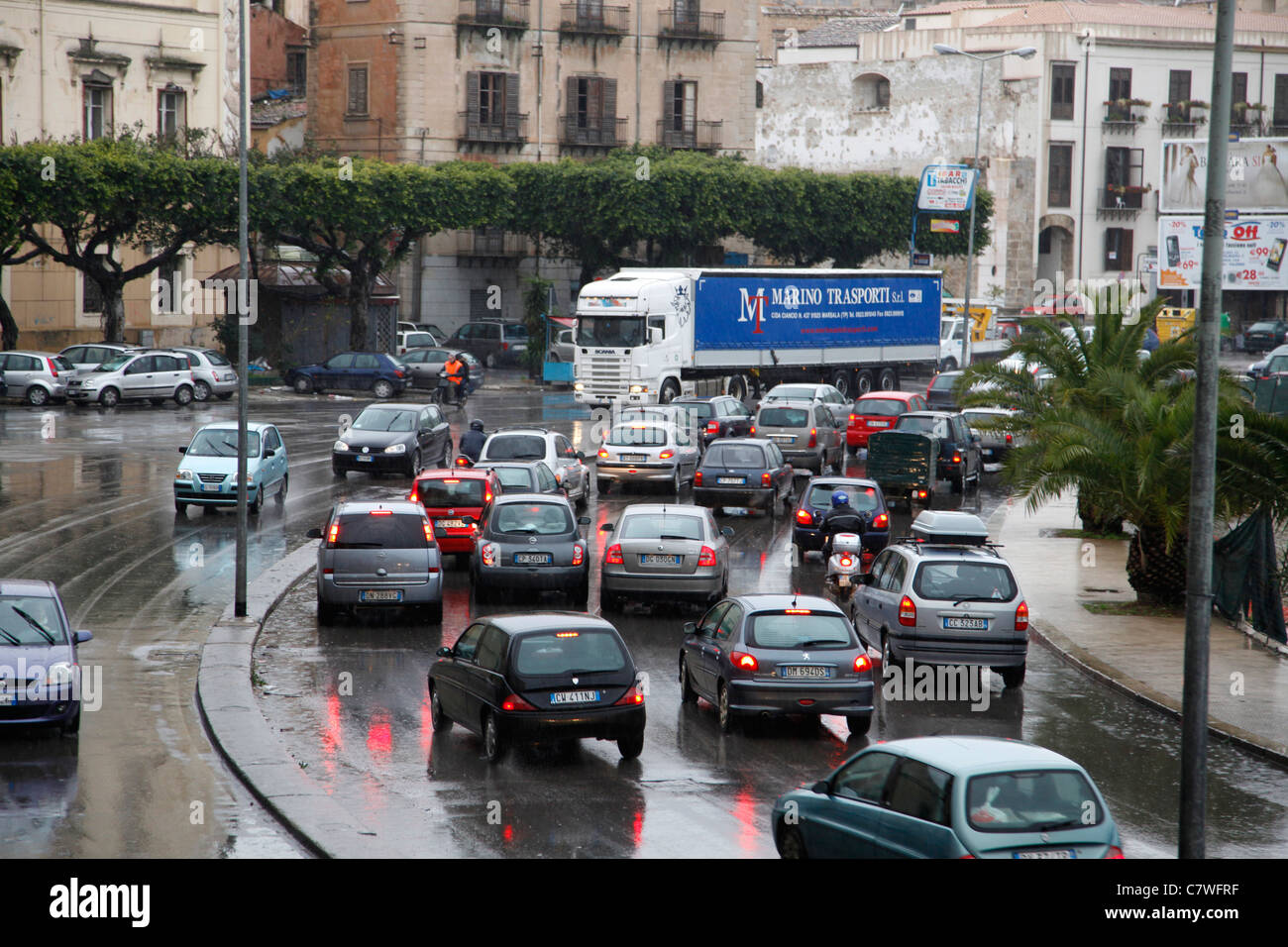 Road with traffic jam, cars and trucks on a rainy day, Palermo, Sicily ...