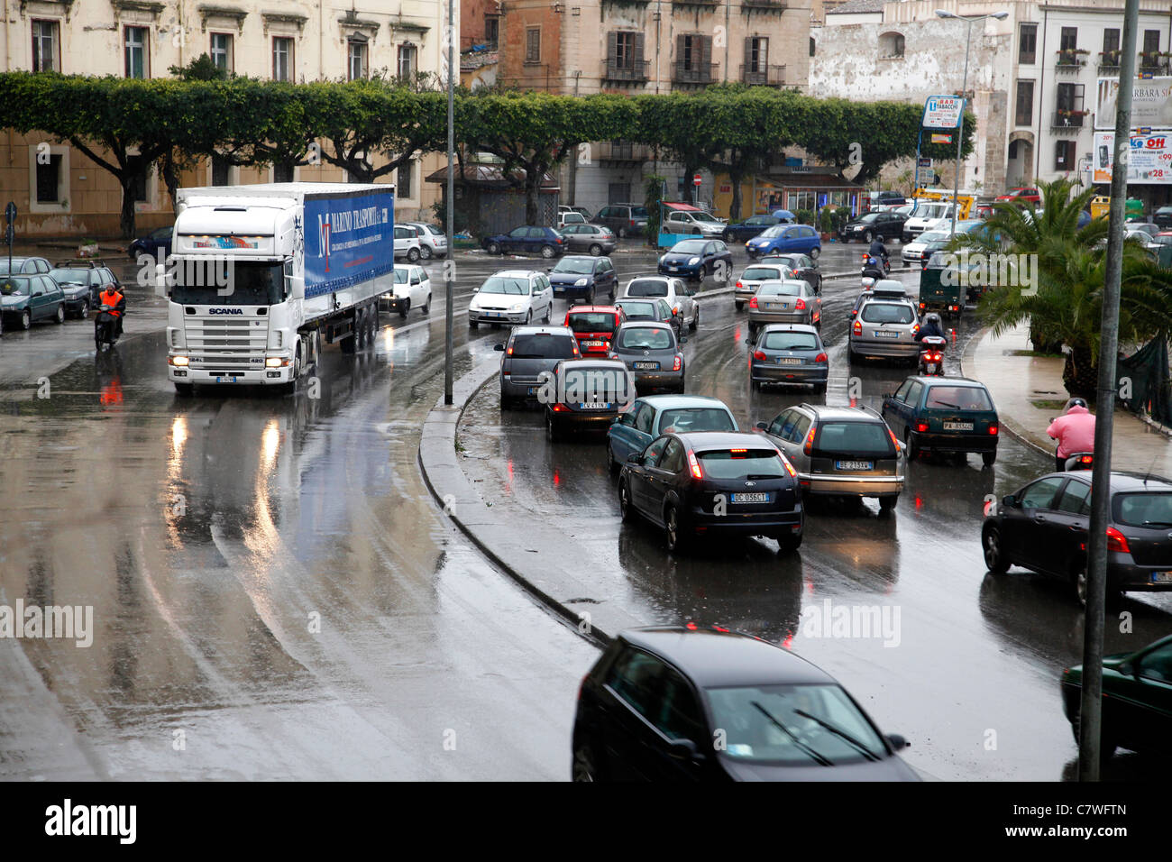 Road with traffic jam, cars and trucks on a rainy day, Palermo, Sicily ...