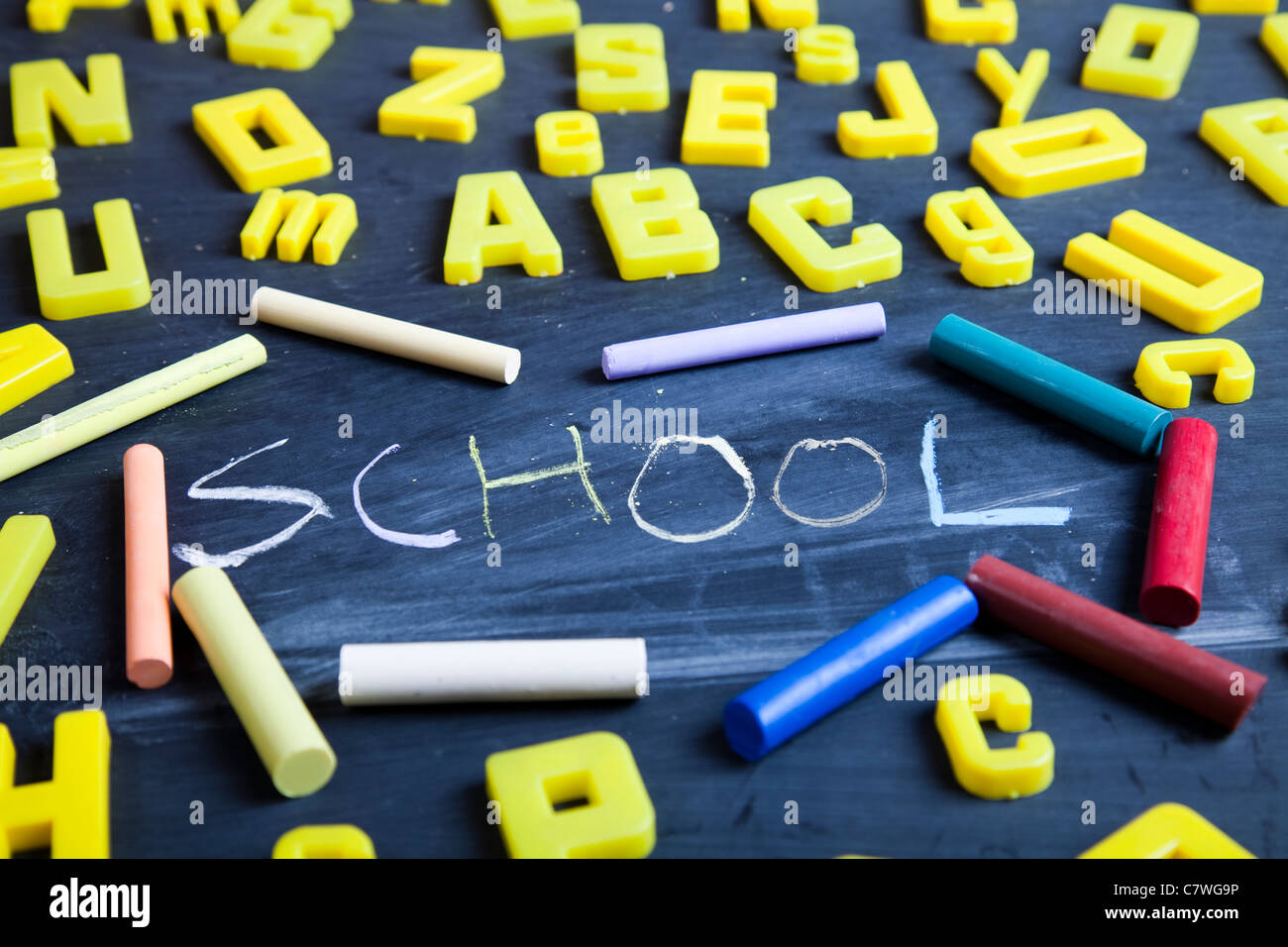 Alphabet and letters on a school blackboard Stock Photo - Alamy