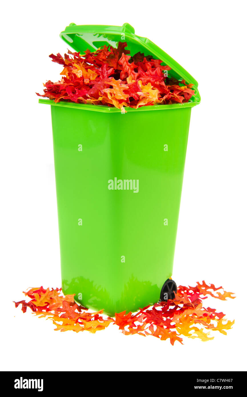Autumn leaves in garbage container isolated over white background Stock ...