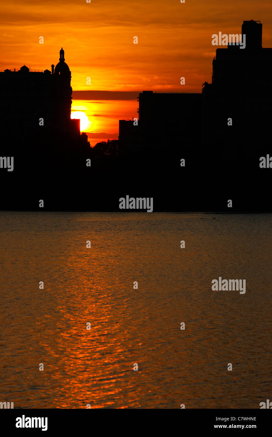 Sunset over buildings of New York City's West Side as seen from the ...