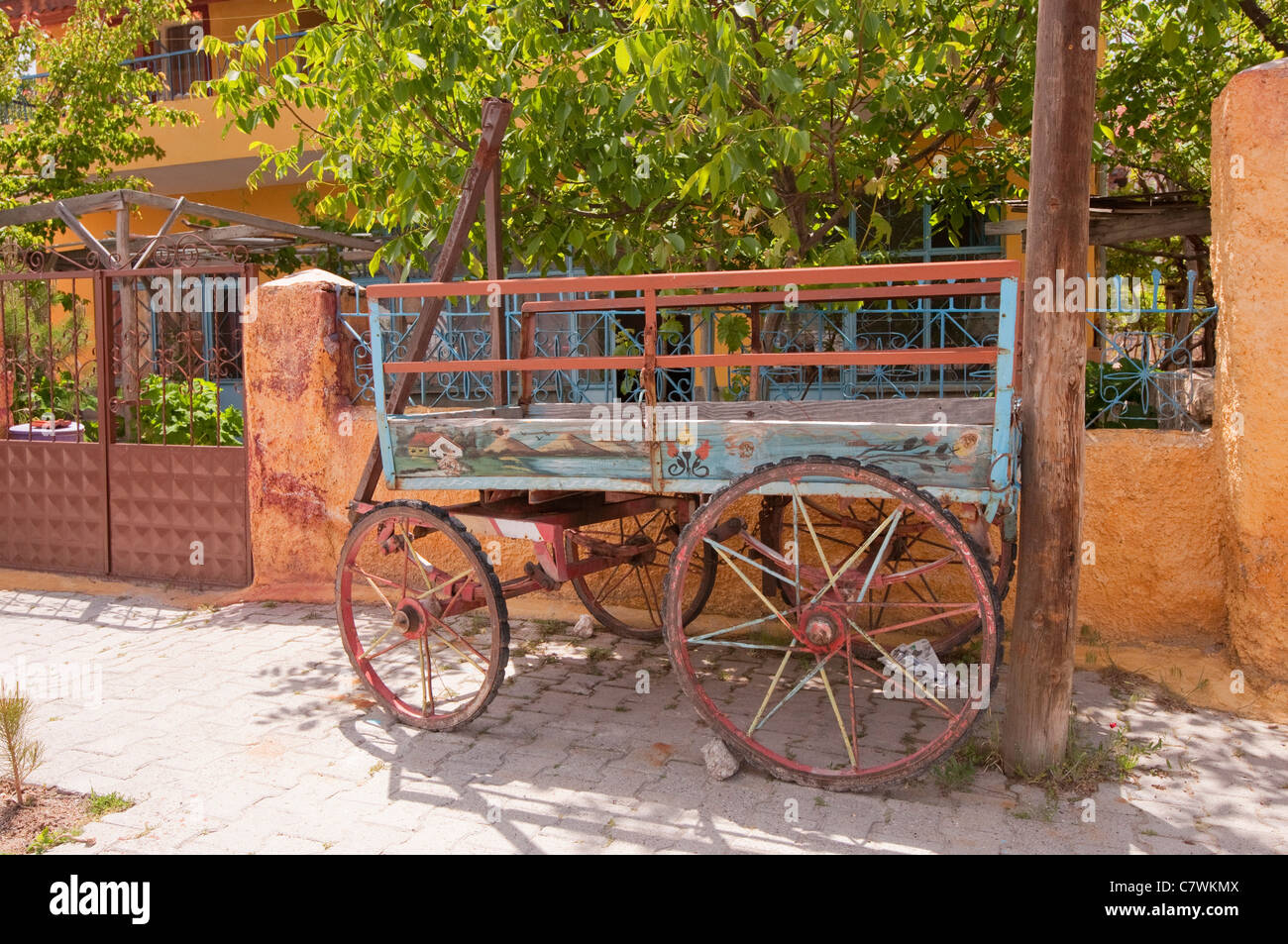 Old wooden cart with painting on side, Çavusin, Cappadocia, Turkey ...