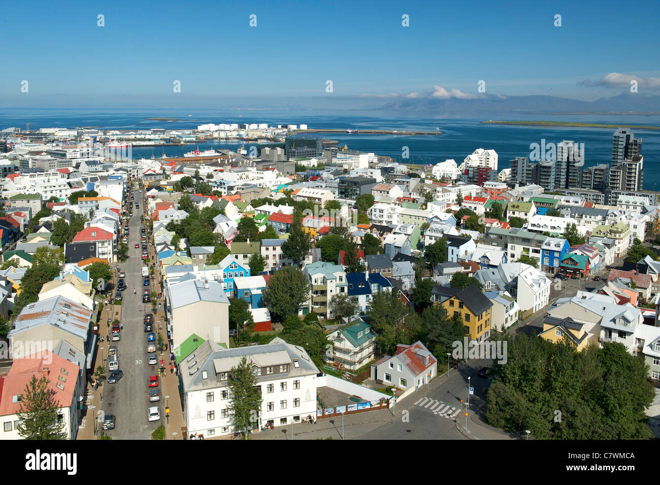 View over the rooftops of the Icelandic capital Reykjavik. The road ...