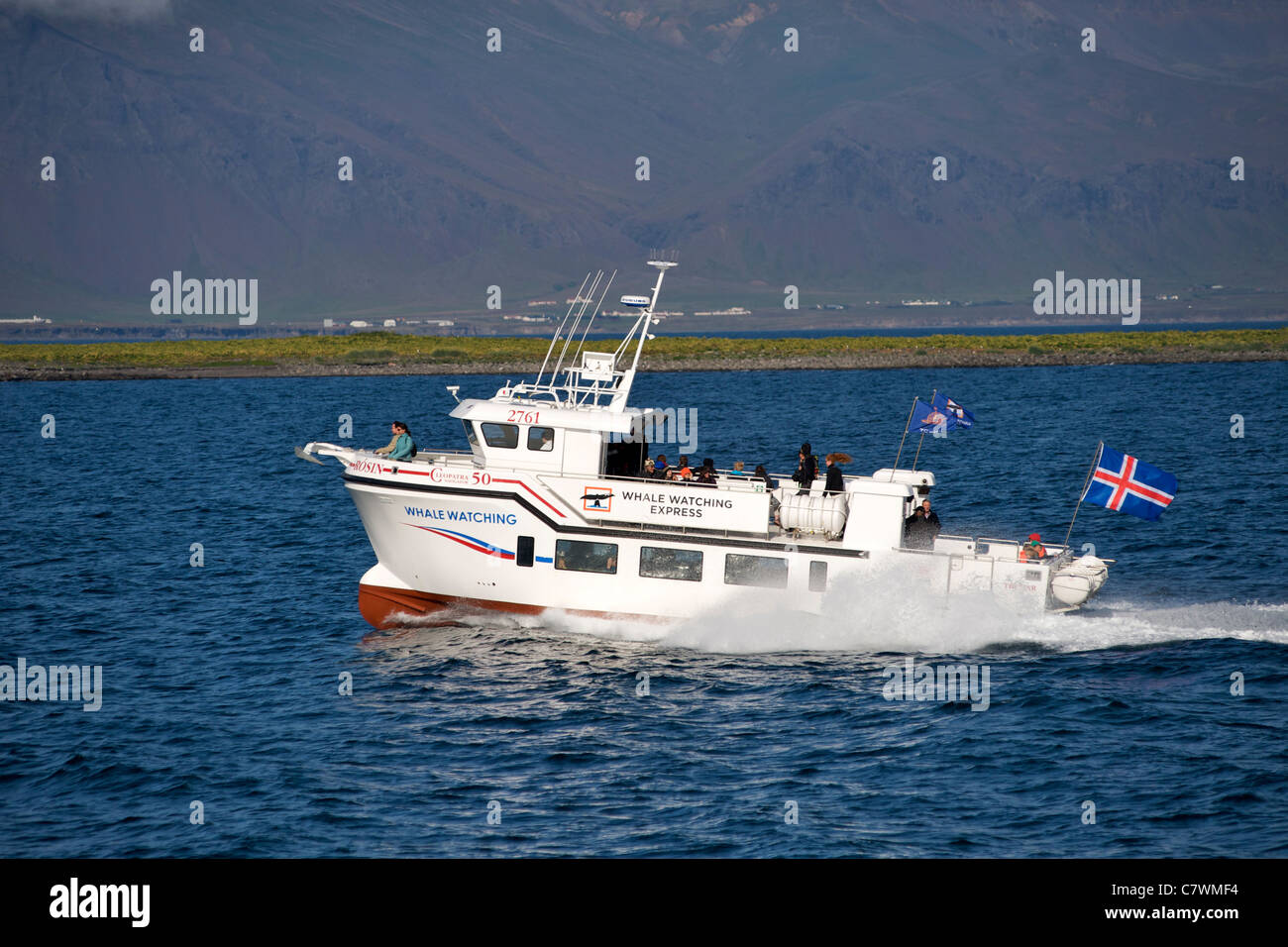 Whale watching boat in Faxa Bay off the coast of Reykjavik, the capital ...