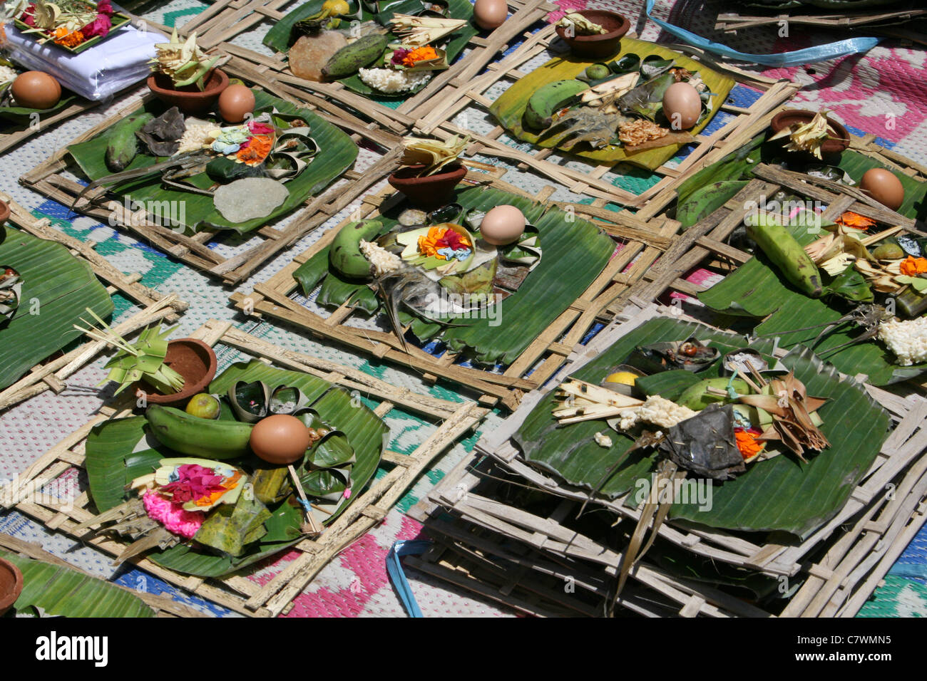 Banana Leaf Plates Of Temple Offerings Of Food In Bali Stock Photo - Alamy