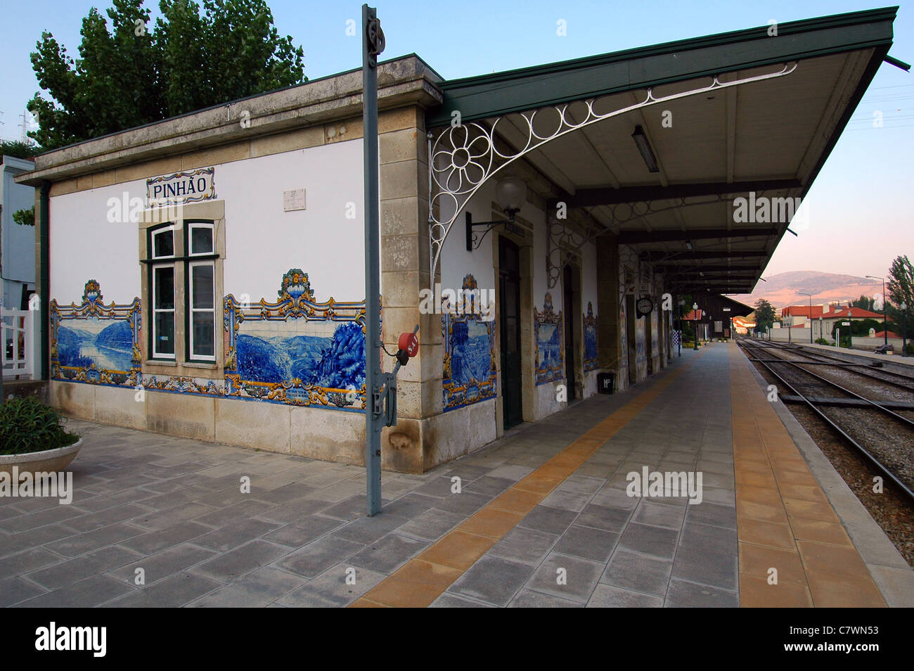 Figurative hand-painted azulejos tiles depicting scenic views of the Douro valley decorate the ...