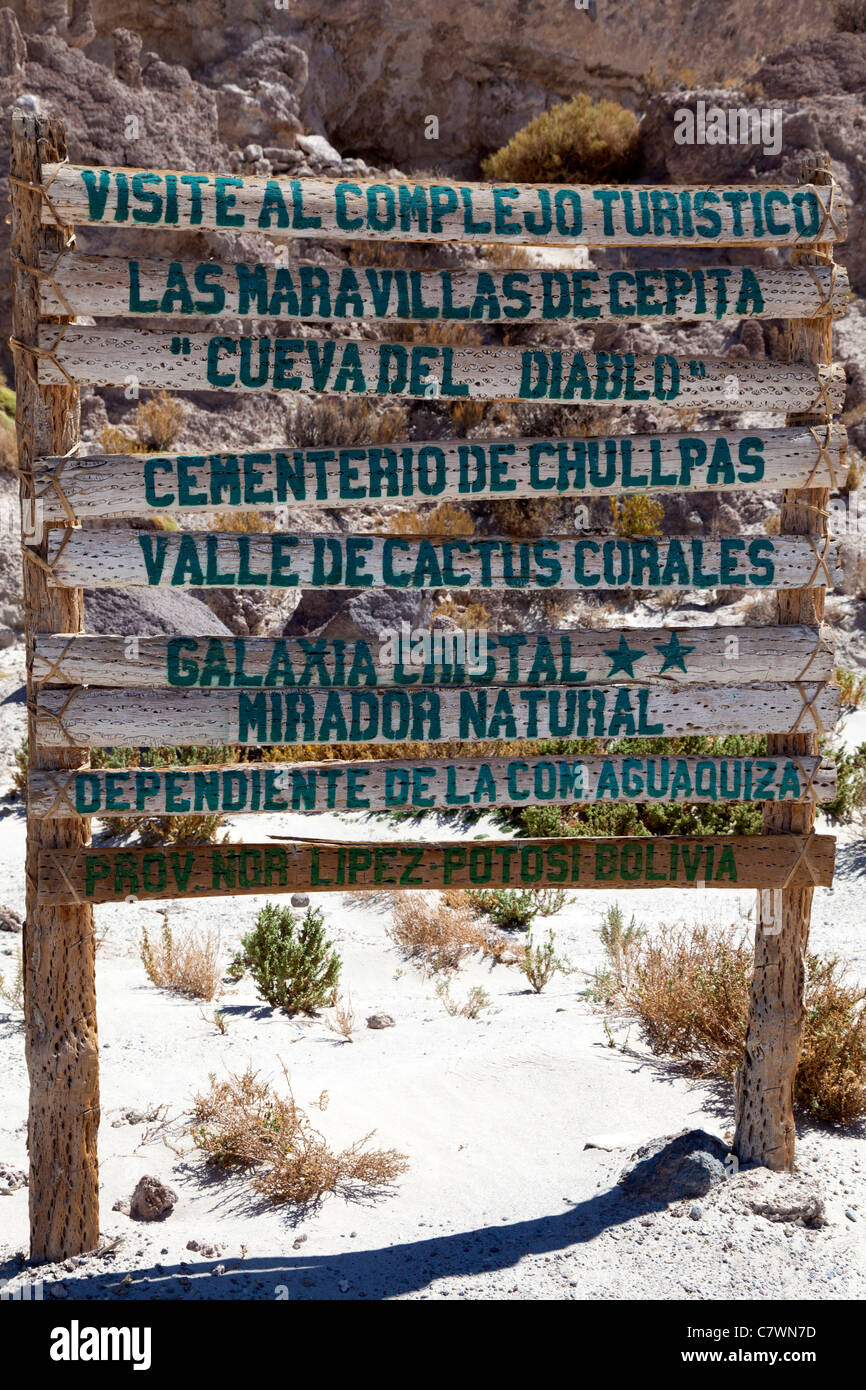 Sign at the entrance to the Galaxy Caves and Cementerio de Chullpas ...