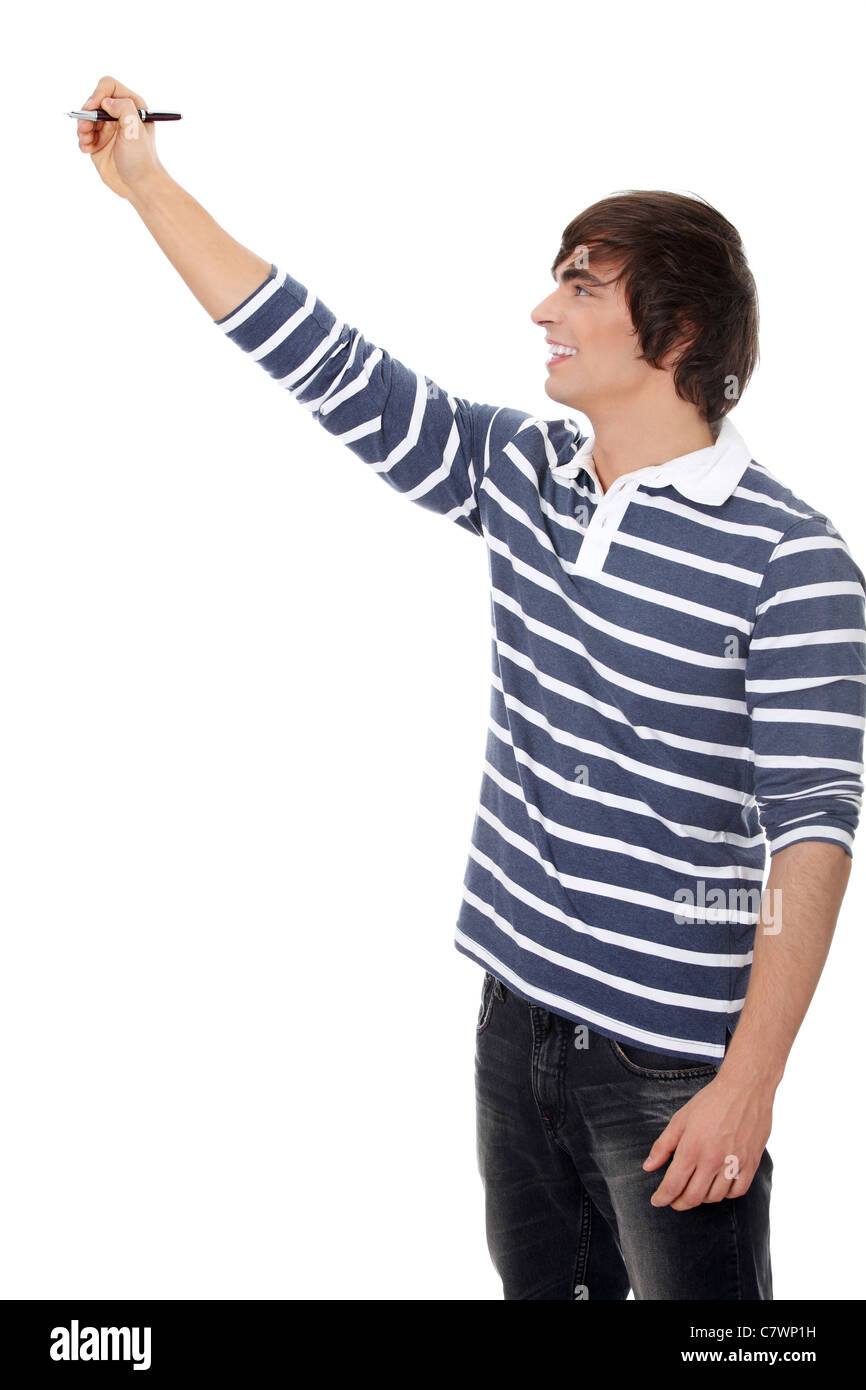 Young man with a pen. Isolated on white background Stock Photo - Alamy