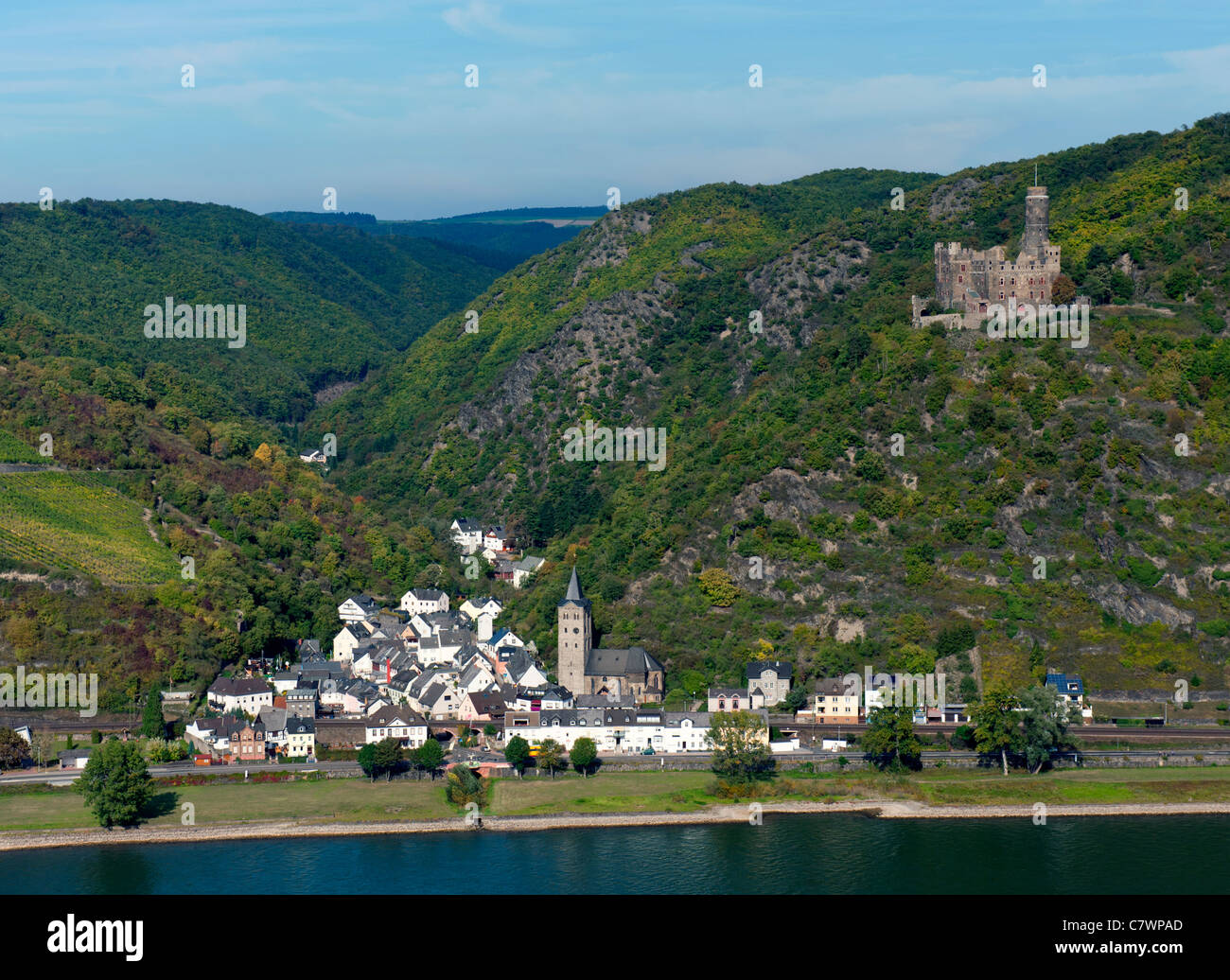 Castle Burg Maus or Mouse Castle on hill above Wellmich village on ...