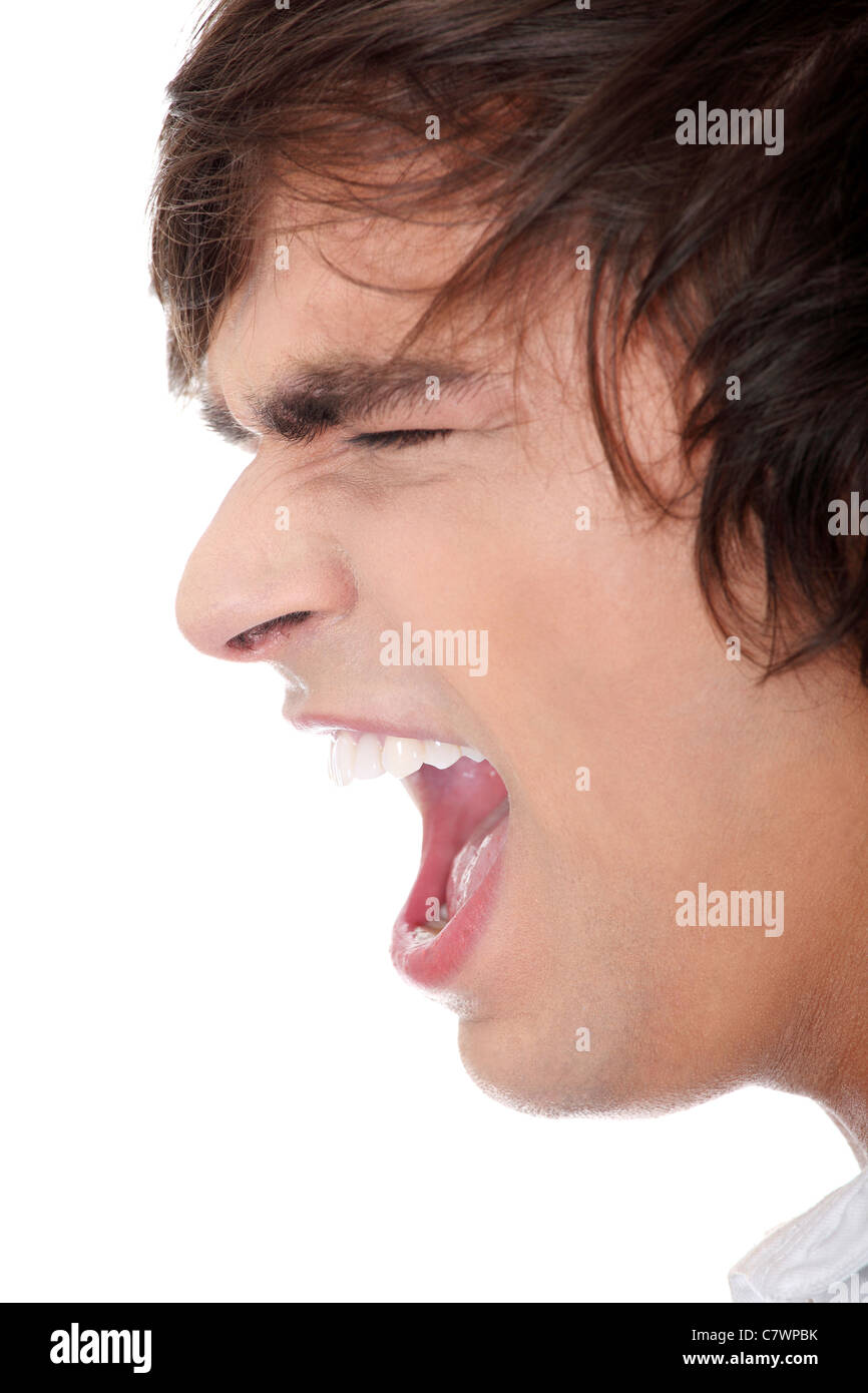 Side portrait of a shouting man, against white background Stock Photo ...
