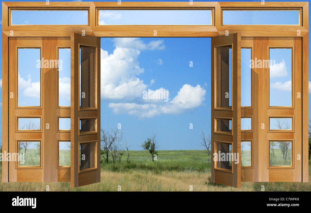 Open doors against the background nature. Three-dimensional Shape Stock ...