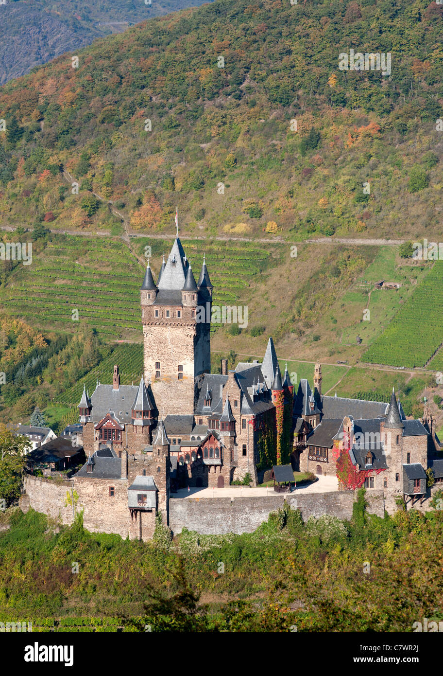 View of Cochem Castle above town of Cochem on Mosel River in Germany ...