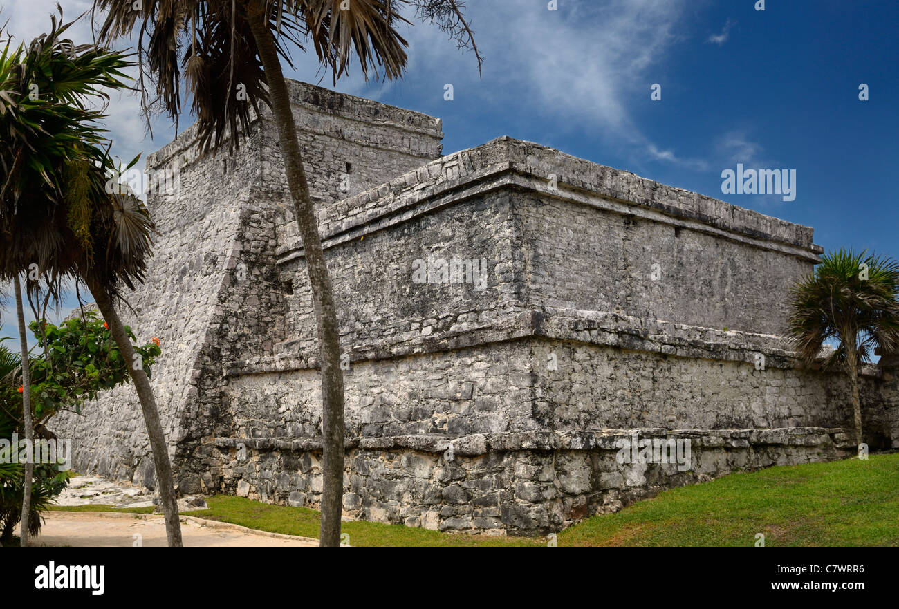 The Castle pyramid temple ruin with Palm trees at Tulum Mexico Stock ...