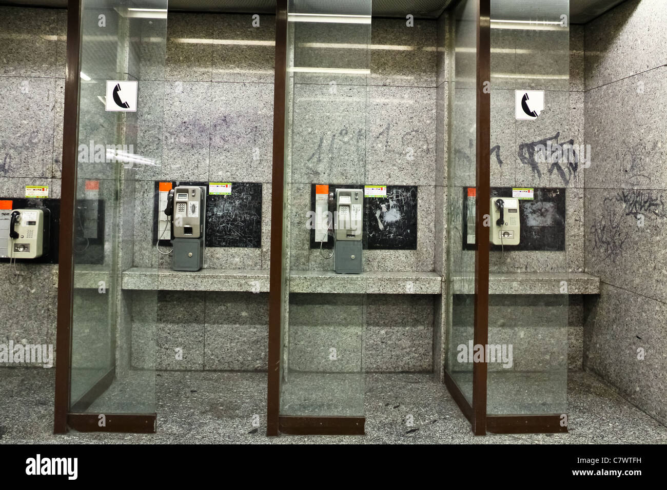 A set of public telephone boots in the underground of Vienna Stock ...