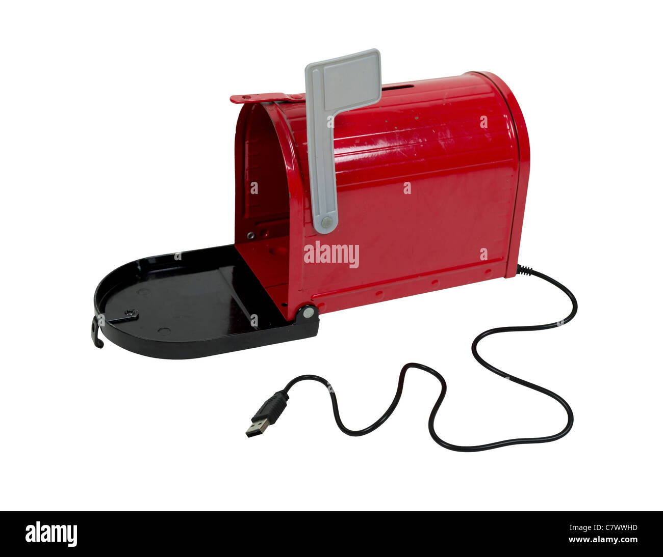 Email mailbox shown by open metal mailbox with signal flag upwards and ...