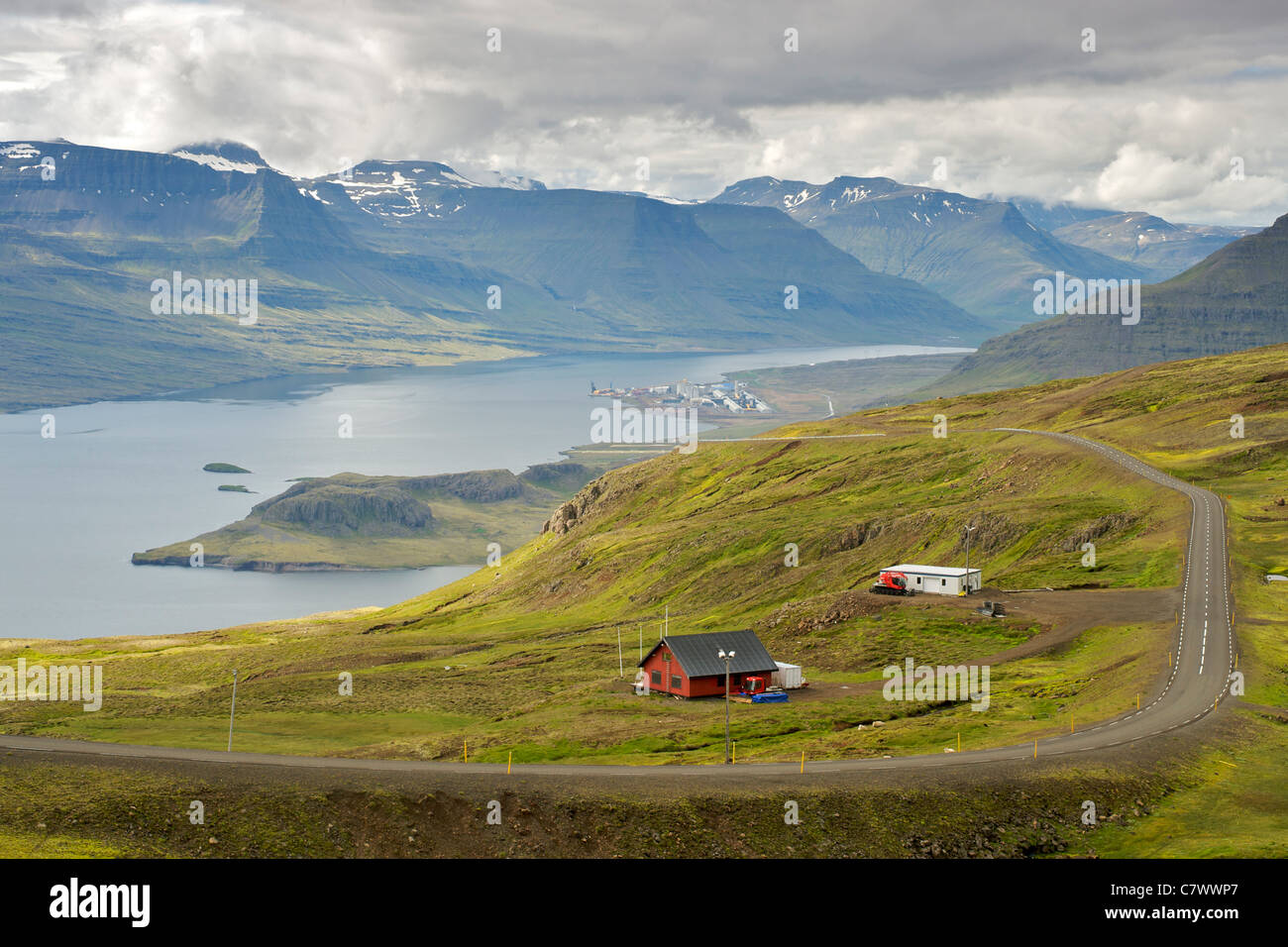 View of Reydarfjordur (background) and Eskifjordur (foreground), two ...