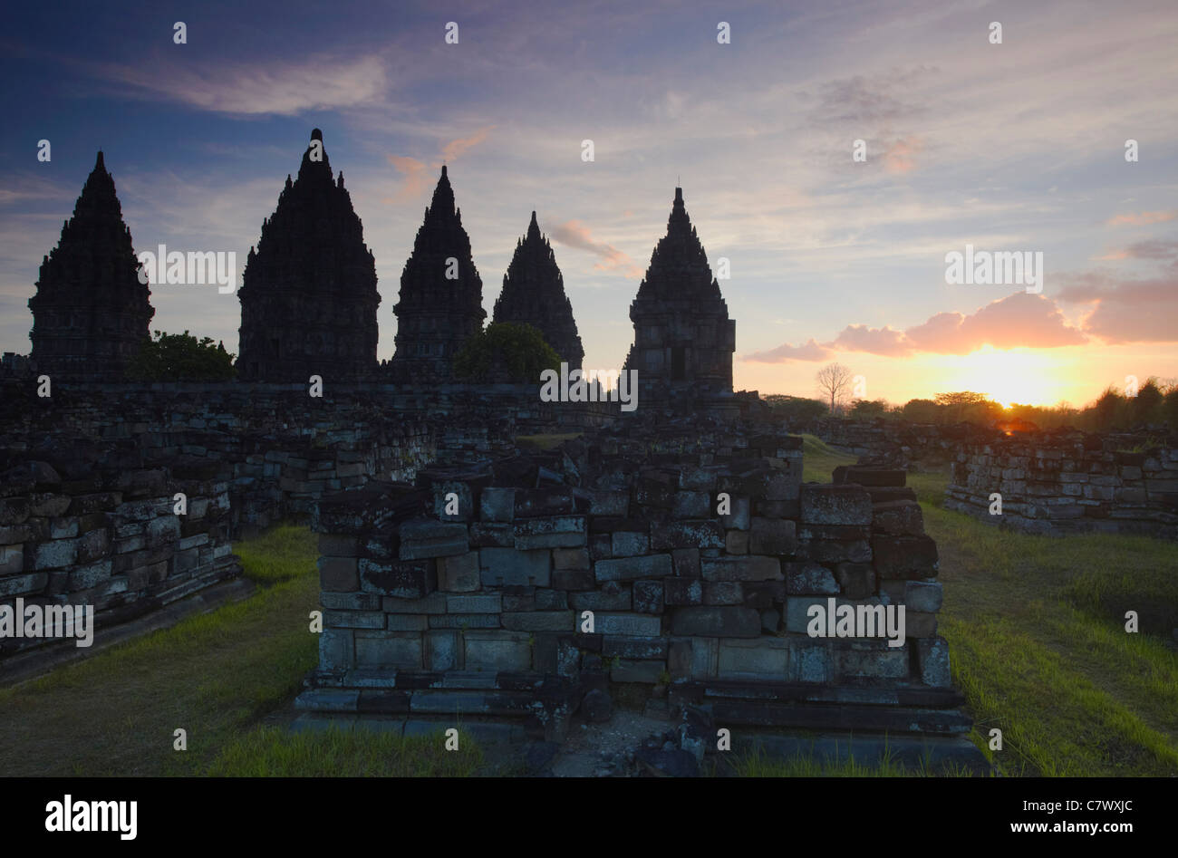 Temples at Prambanan complex at sunset, Java, Indonesia Stock Photo - Alamy