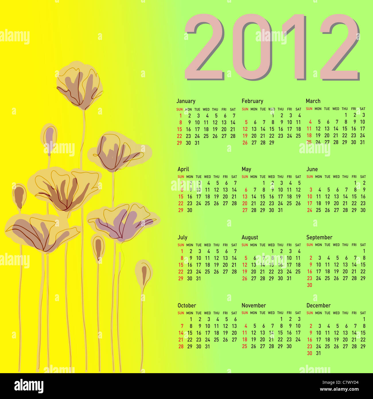Stylish calendar with flowers for 2012. Week starts on Sunday Stock ...