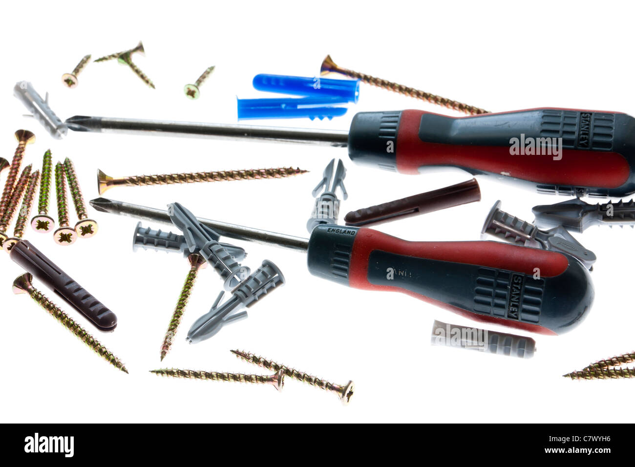 DIY tools. A selection of screws, raw plugs and two Phillips screw ...