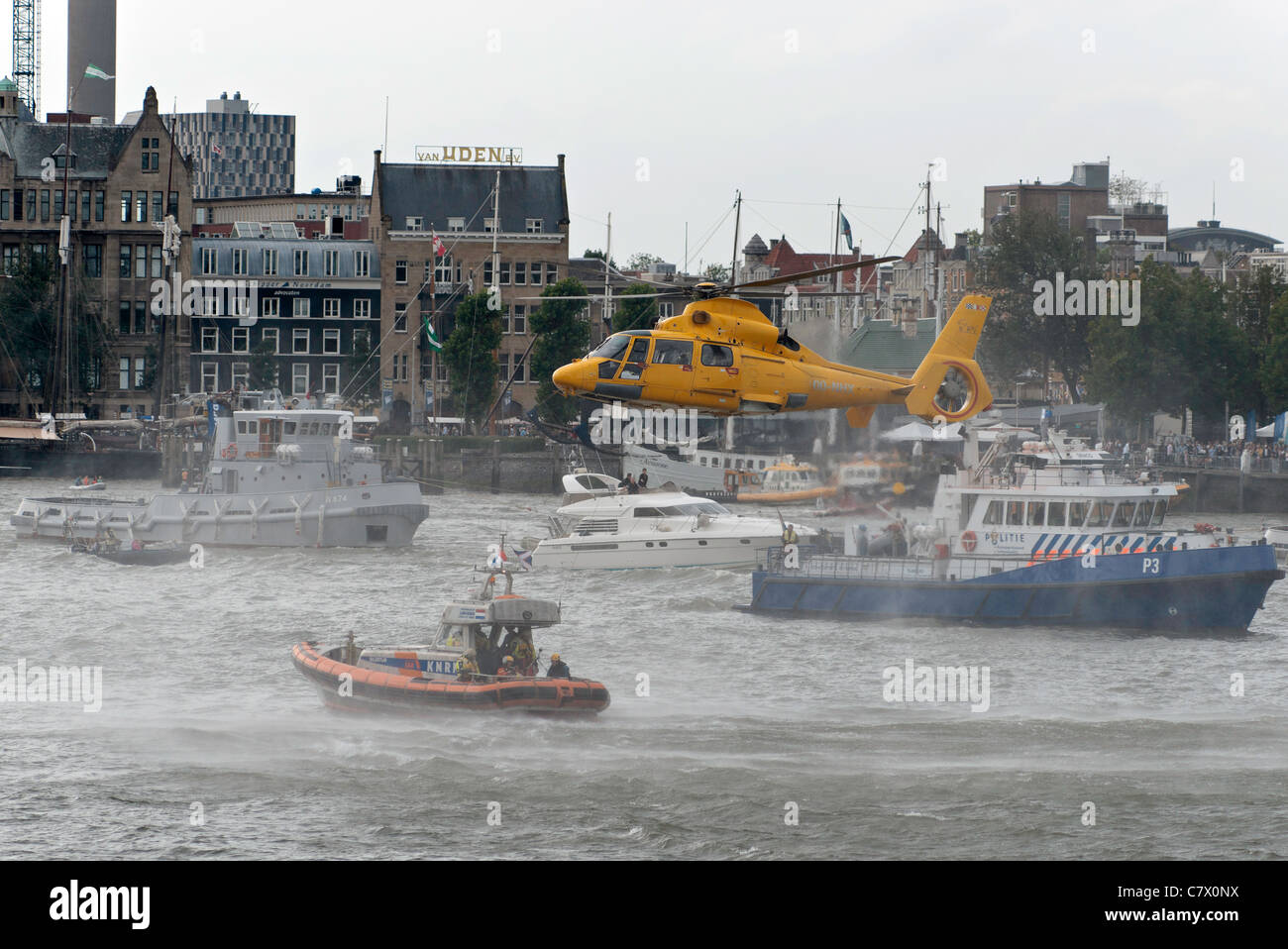 Demonstration of a rescue operation with a helicopter in the harbour of ...