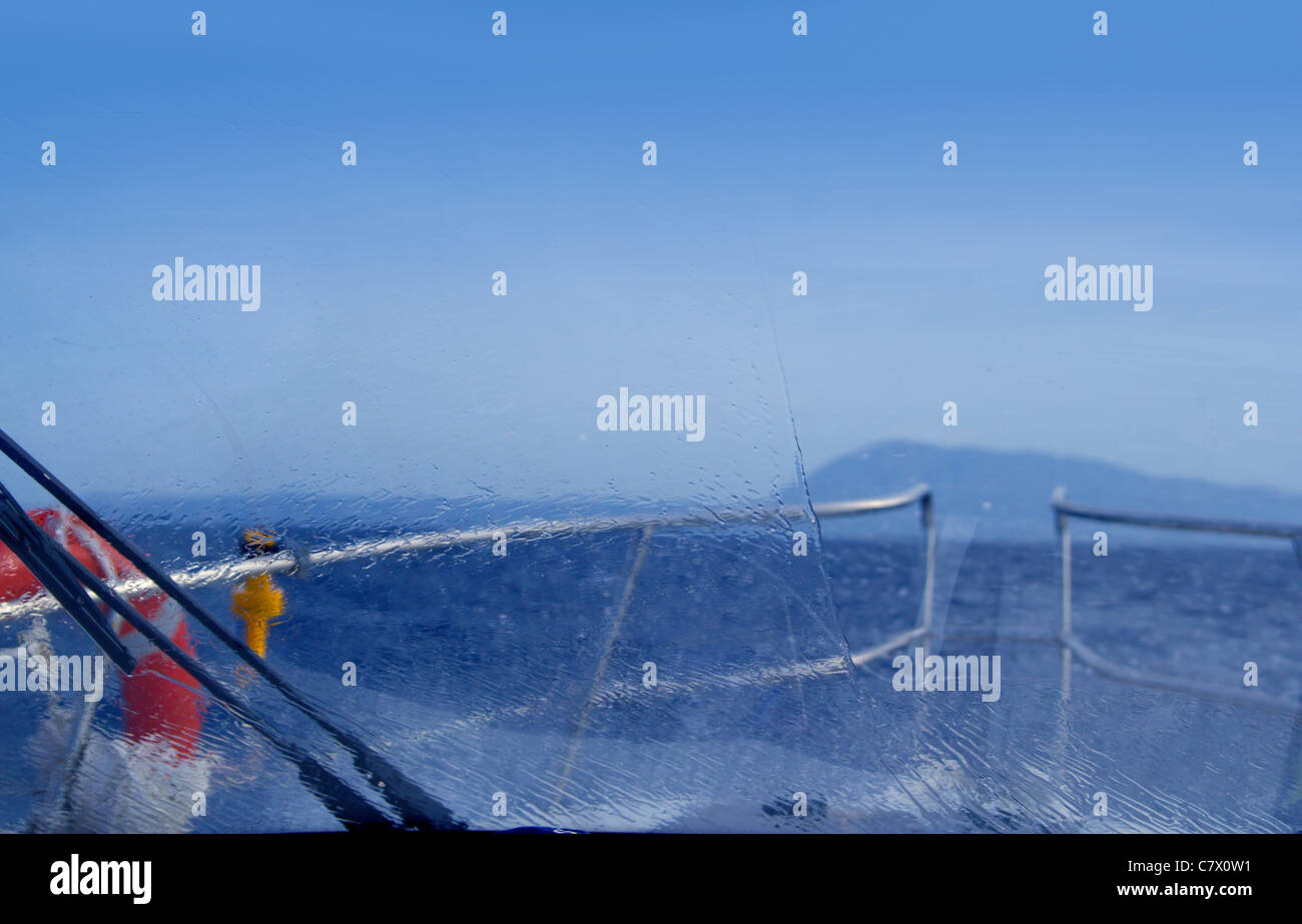 boat perfect storm water splashing in window from indoor Stock Photo ...