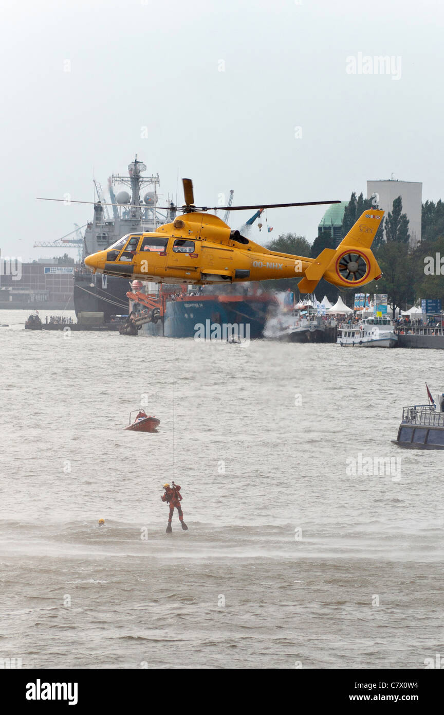 Demonstration of a rescue operation with a helicopter in the harbour of ...