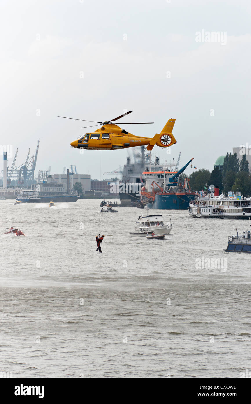 Demonstration of a rescue operation with a helicopter in the harbour of ...