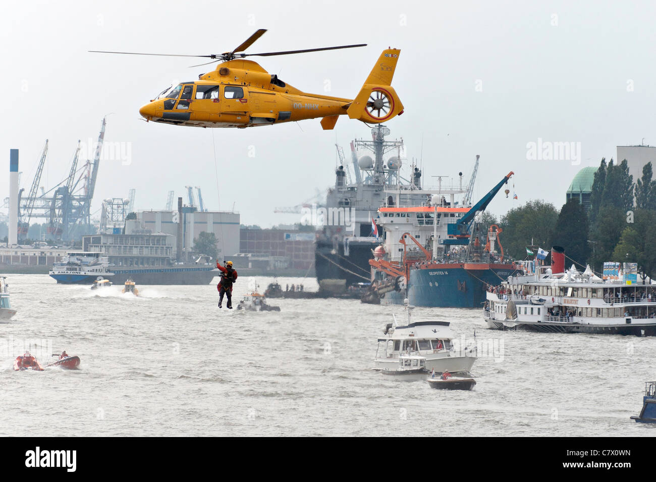 Demonstration of a rescue operation with a helicopter in the harbour of ...