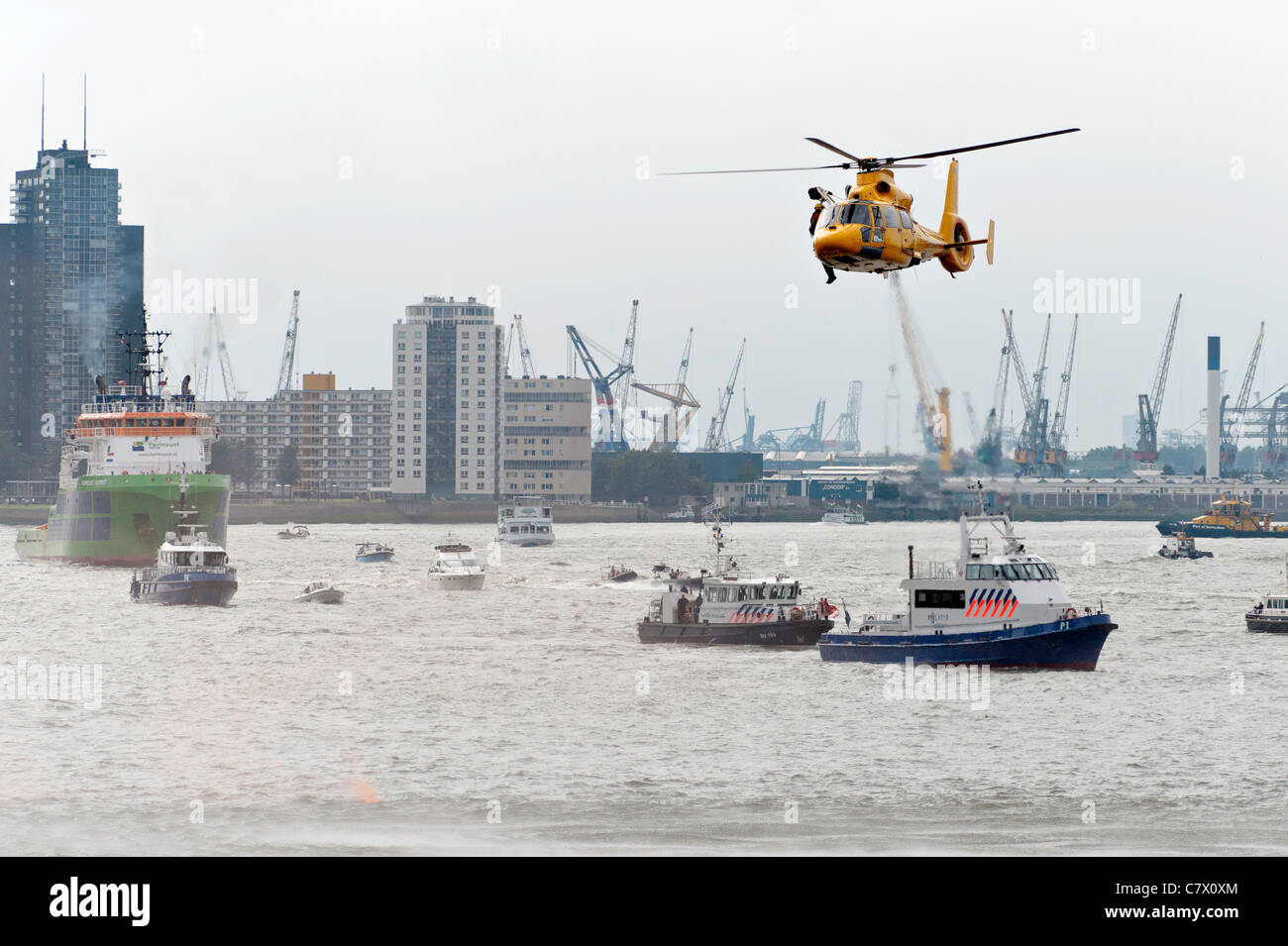 Demonstration of a rescue operation with a helicopter in the harbour of ...
