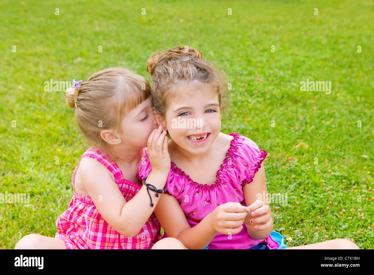children girl sister friends whispering ear in green grass park Stock ...