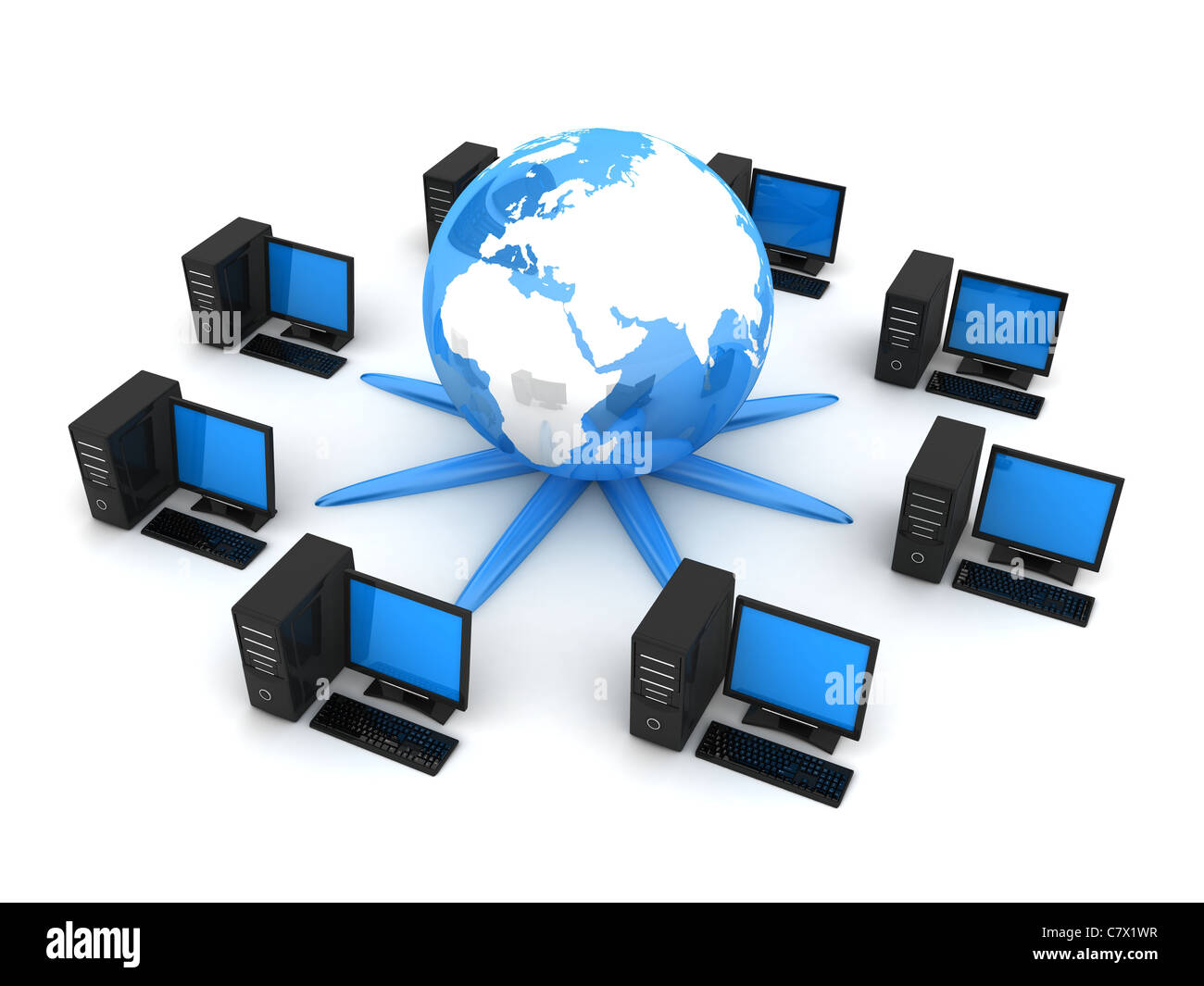 Earth and computers (done in 3d, on white background Stock Photo - Alamy