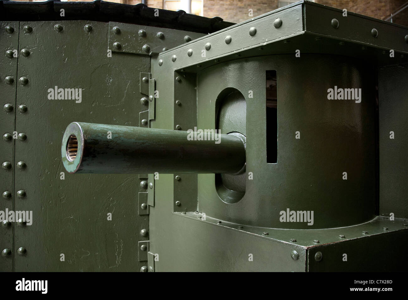 6 pounder gun of a WW1 Mark 5 tank on display at the Imperial War ...