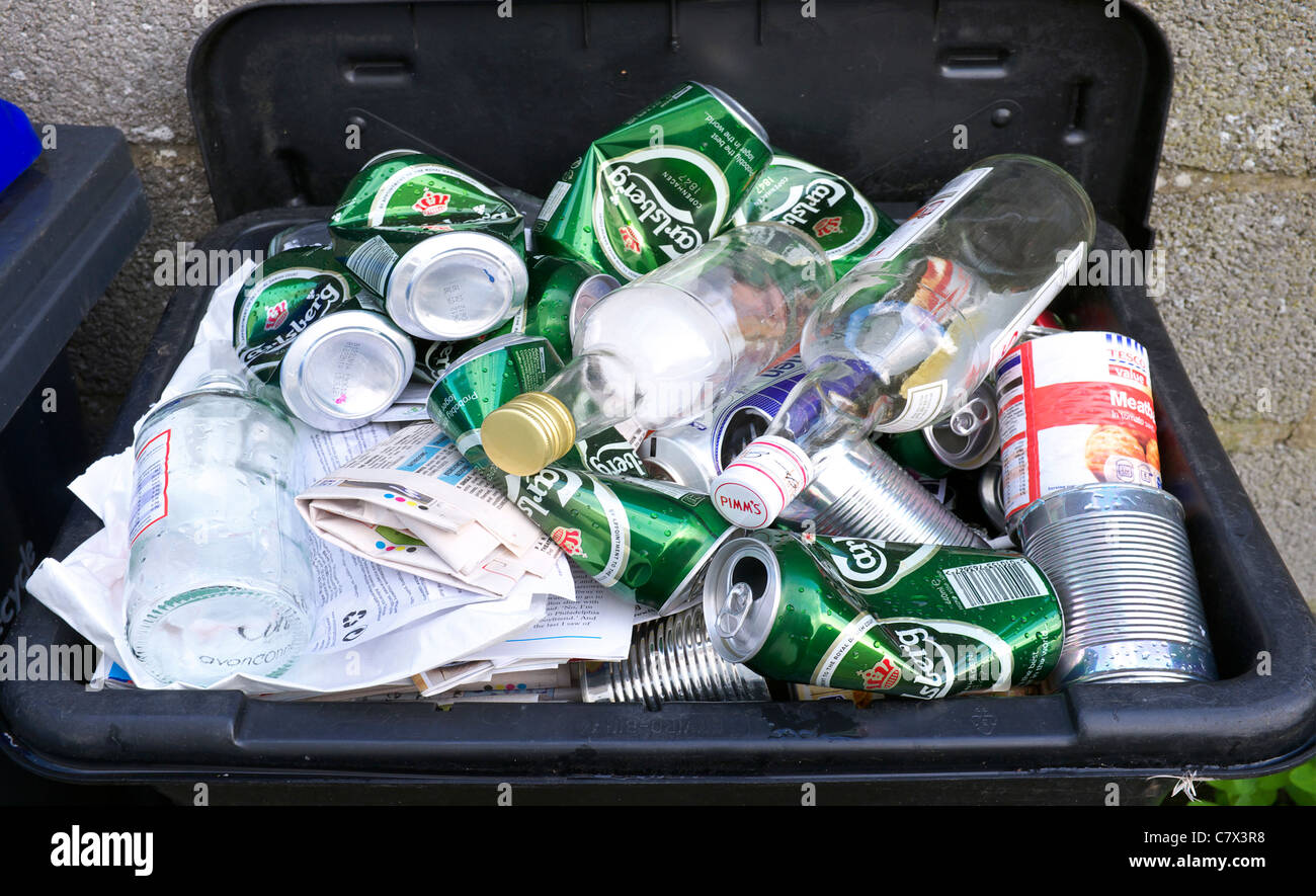 Recycle box containing aluminium cans, bottles and paper Stock Photo ...